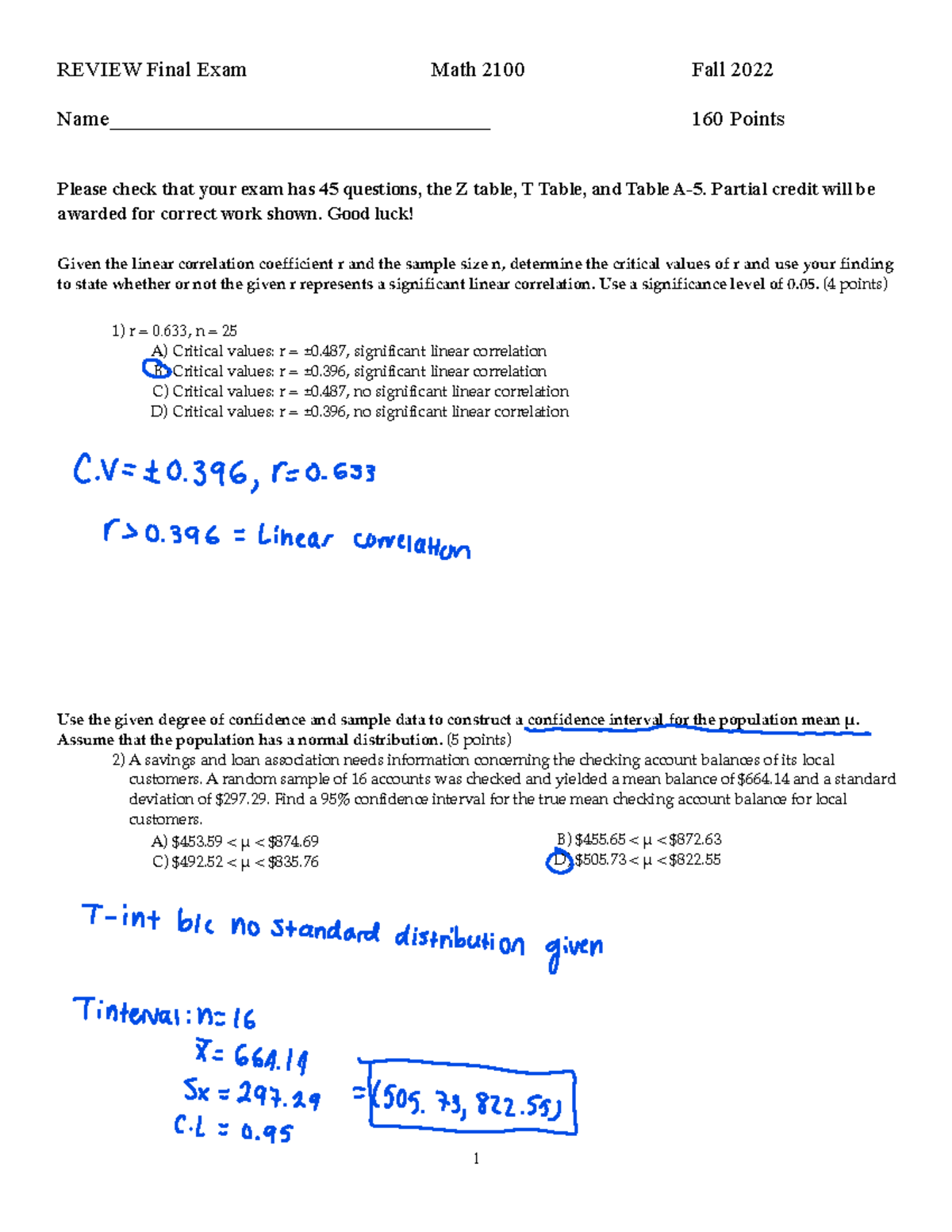 Review Final Exam Math 2100 - REVIEW Final Exam Math 2100 Name