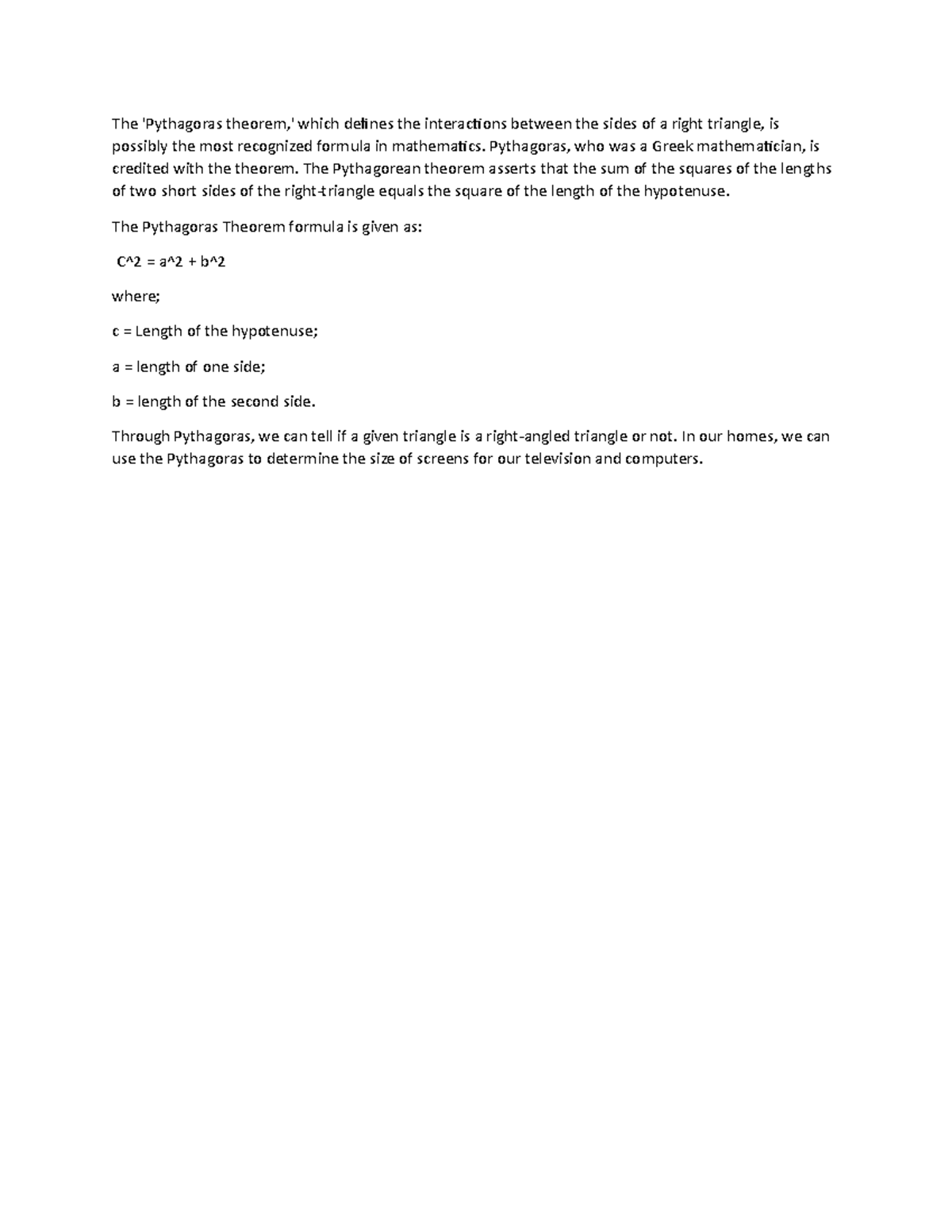 Pythagorean theorem - Notes - The 'Pythagoras theorem,' which defines ...