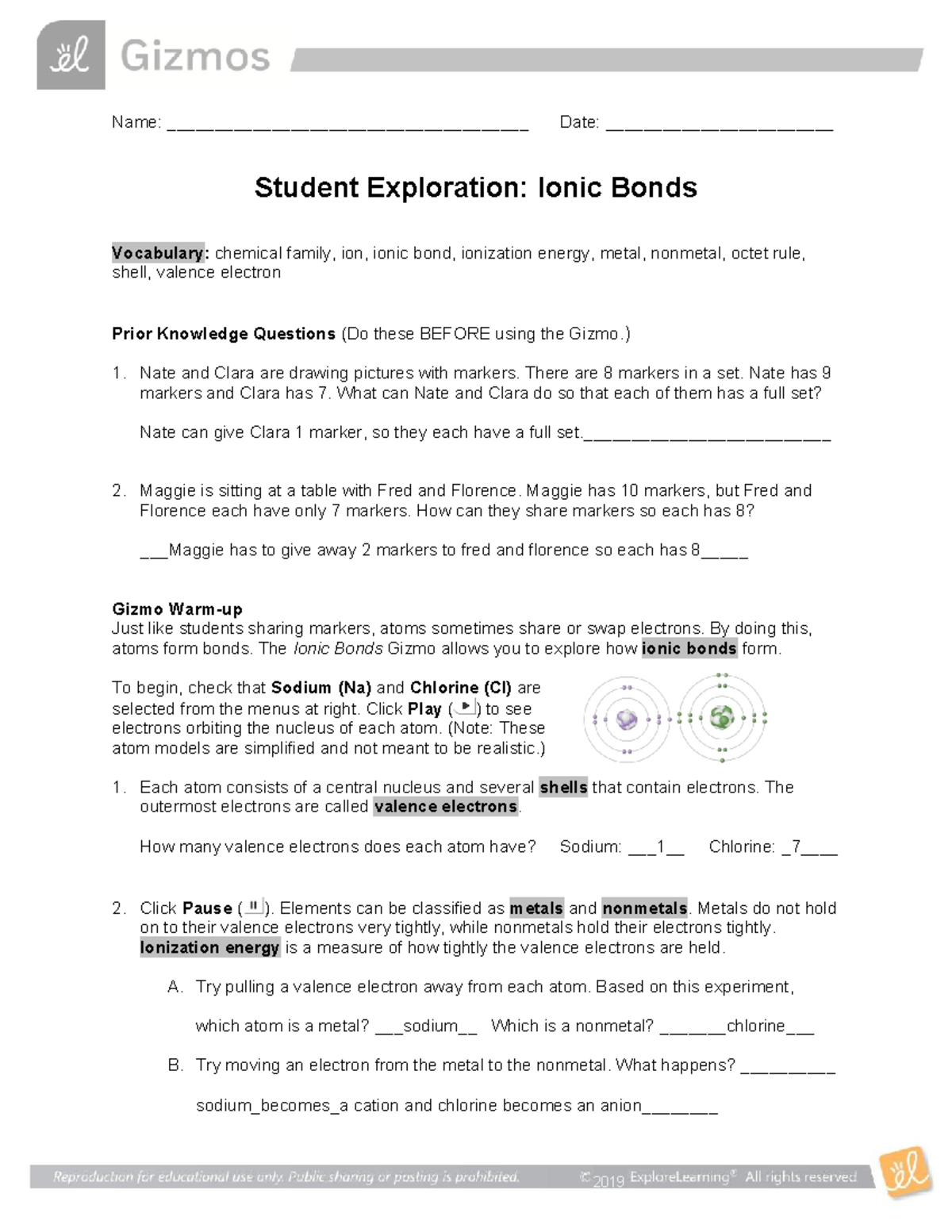 Ionic Bonds Gizmo (1) - 2019 Name: ______________________________________ Date: - Studocu