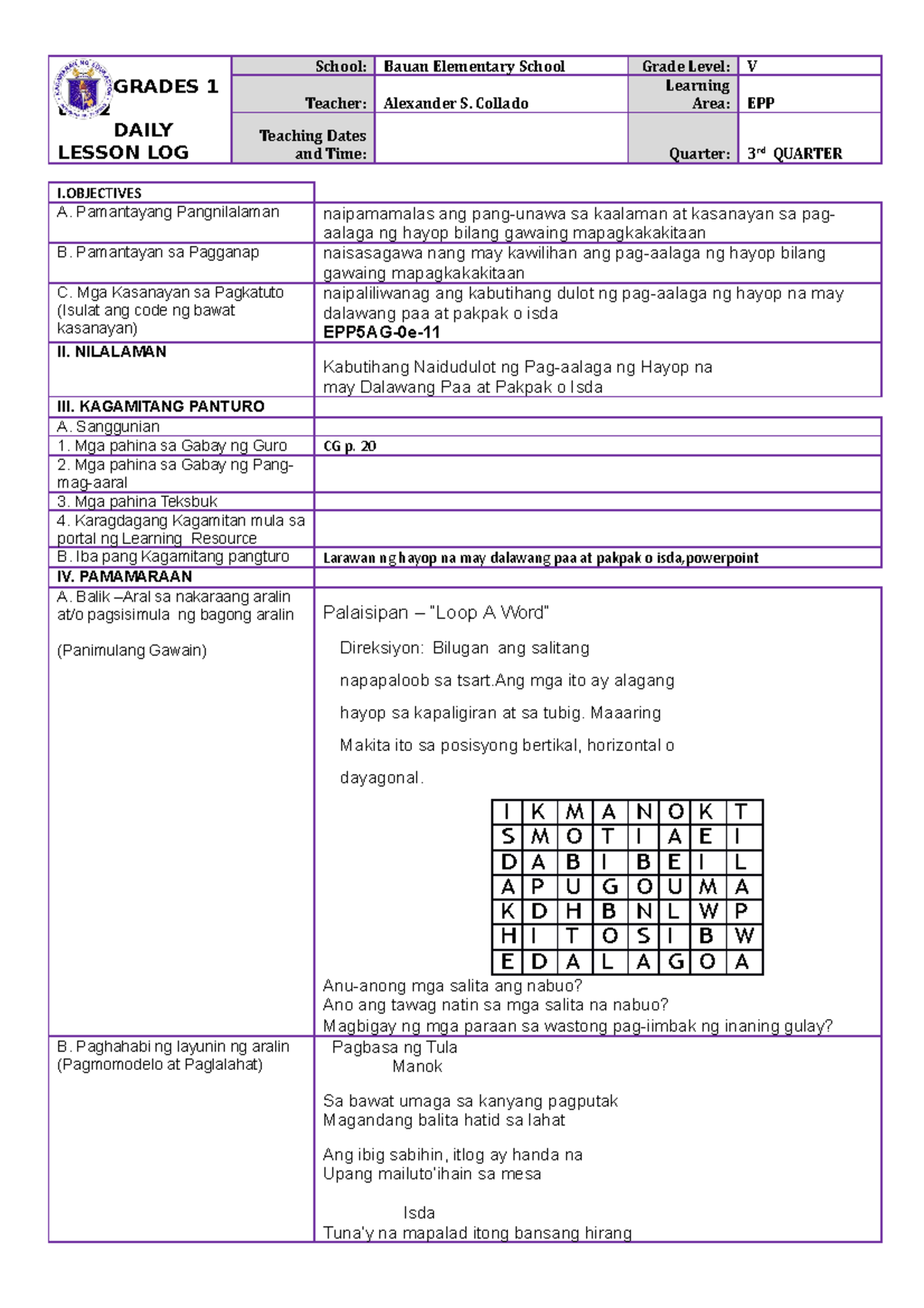 Epp 5 COT 2 - for epp lectures - GRADES 1 to 12 DAILY LESSON LOG School: Bauan Elementary School ...