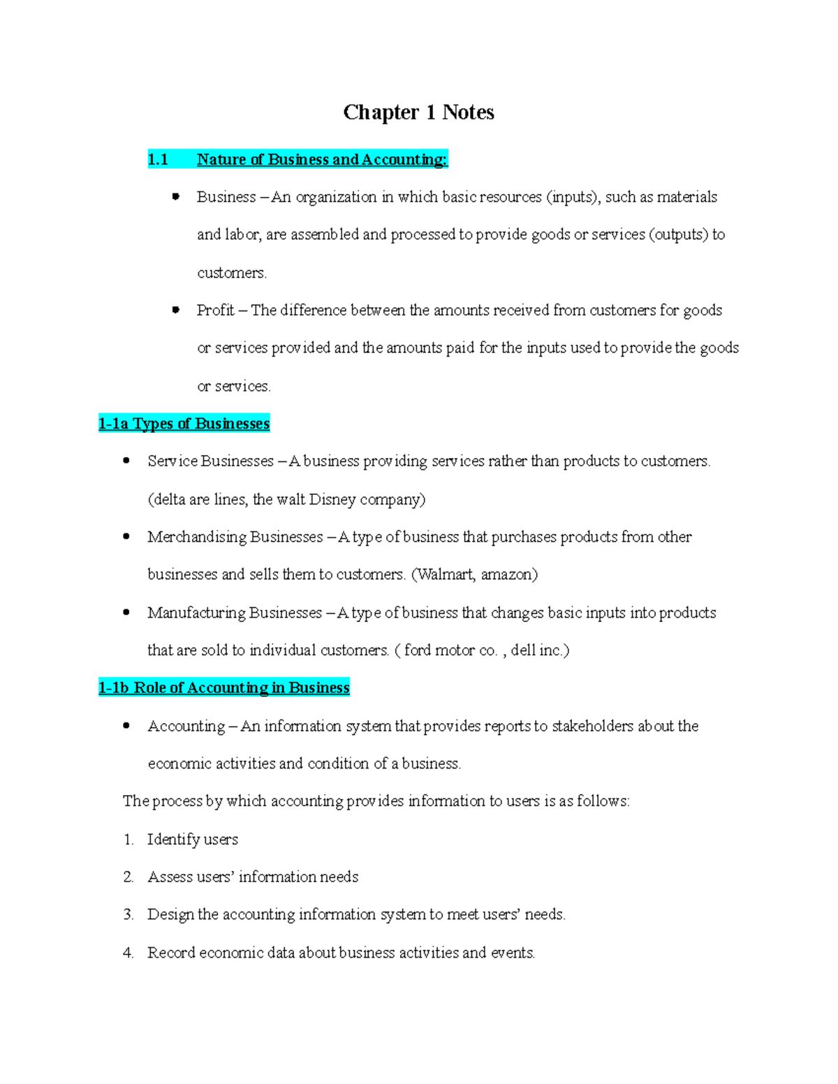 Chapter 1 Notes - Chapter 1 Notes 1 Nature of Business and Accounting ...
