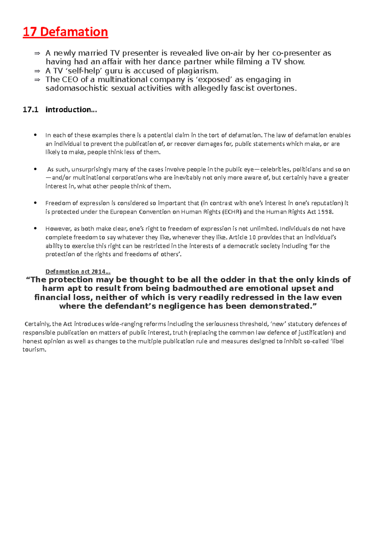 17 Defamation - summary of reading - 17 Defamation A newly married TV ...