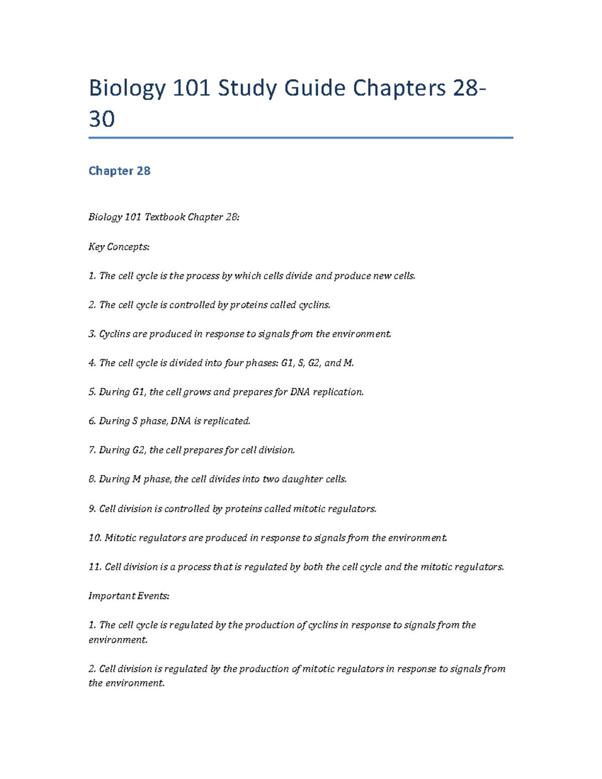 Biology 101 Study Guide Chapters 28-30 - Studocu
