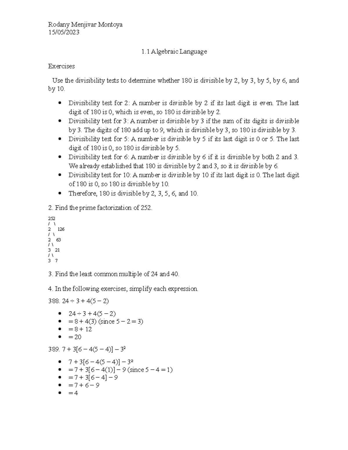 Assignment 1.1 Algebraic Language rodany Montoya - 15/05/ 1 Algebraic Language Exercises Use the ...
