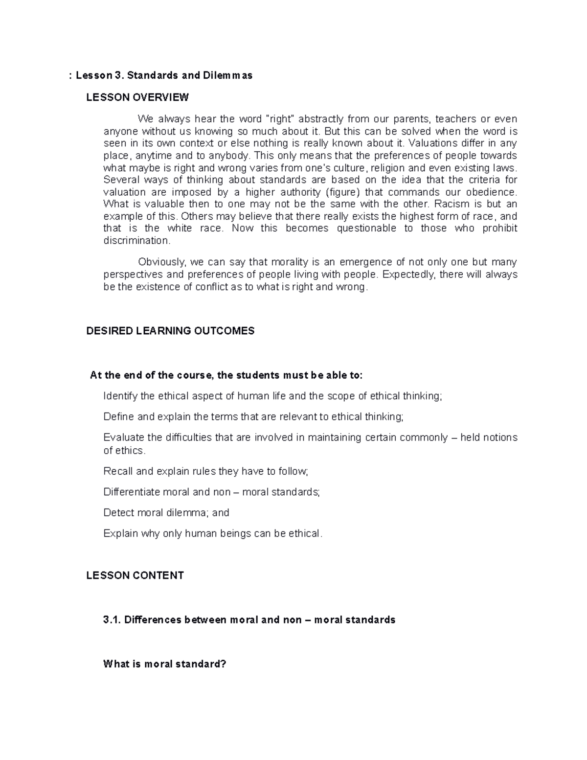 Ethics Chapter 1 Lesson 3 - : Lesson 3. Standards and Dilemmas LESSON ...
