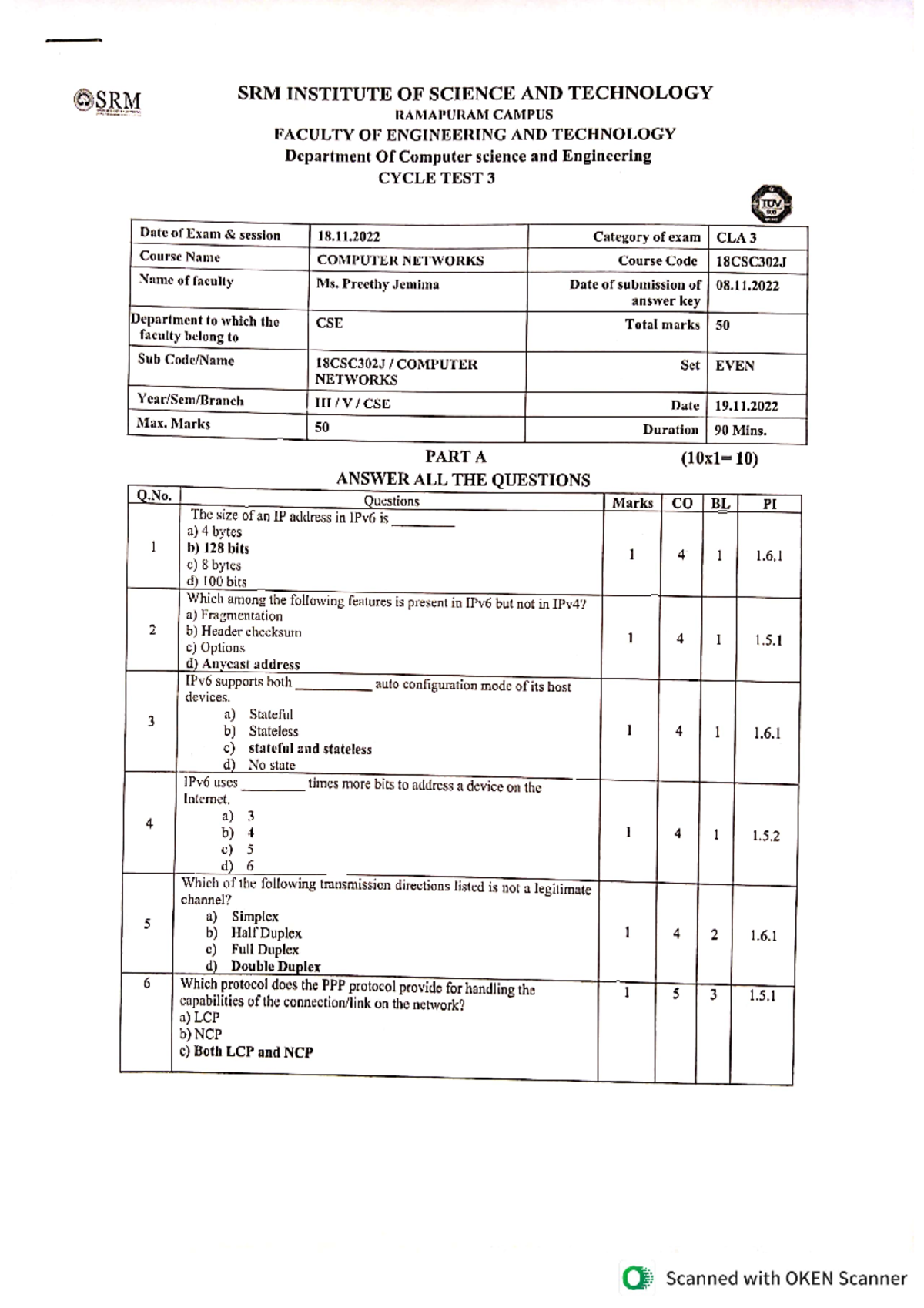 Ct3 paper answers cn - ,,,,,,,,,,,,,,,,,,, - Computer Networks - Studocu