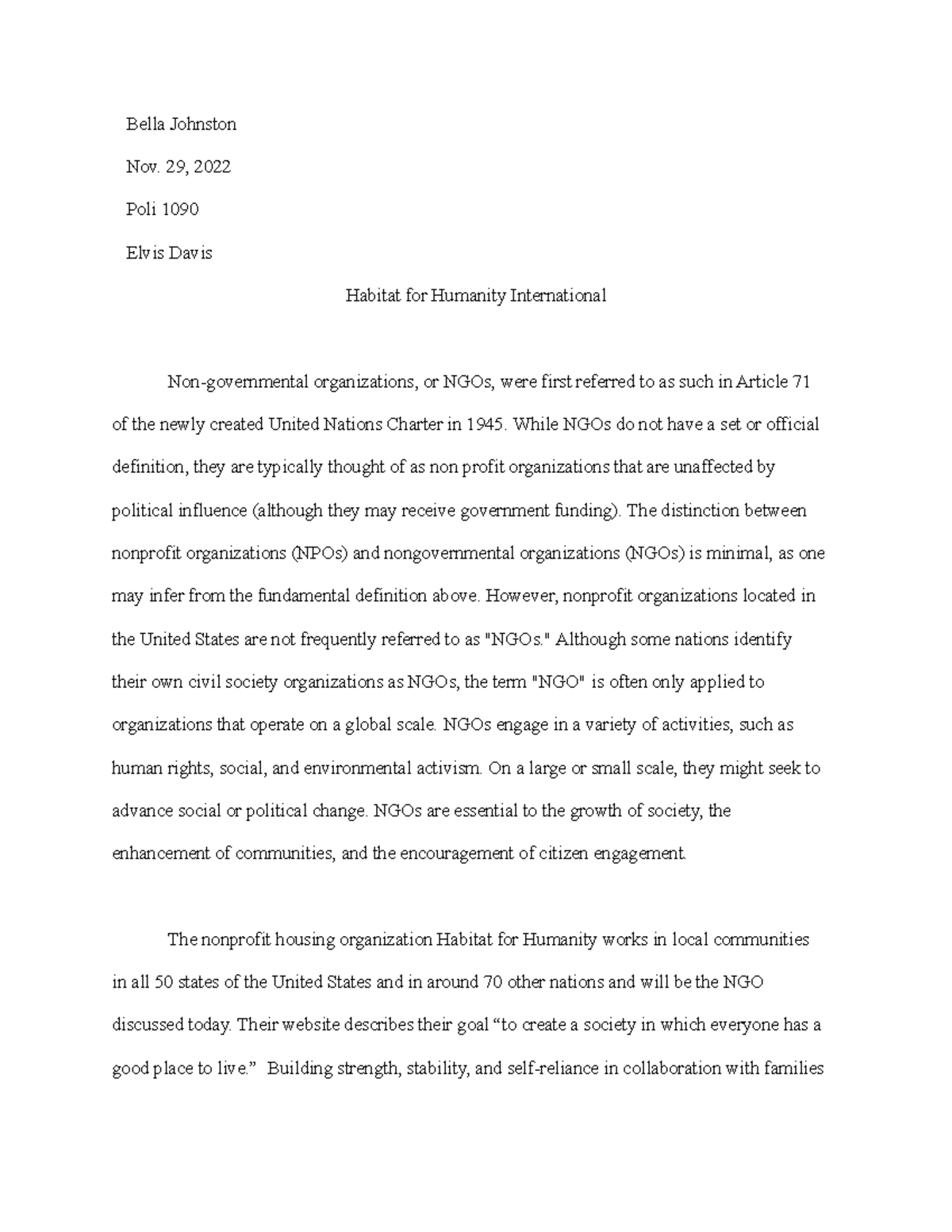 NGO 3-5 pages - Elvis Davis - Bella Johnston Nov. 29, 2022 Poli 1090 ...