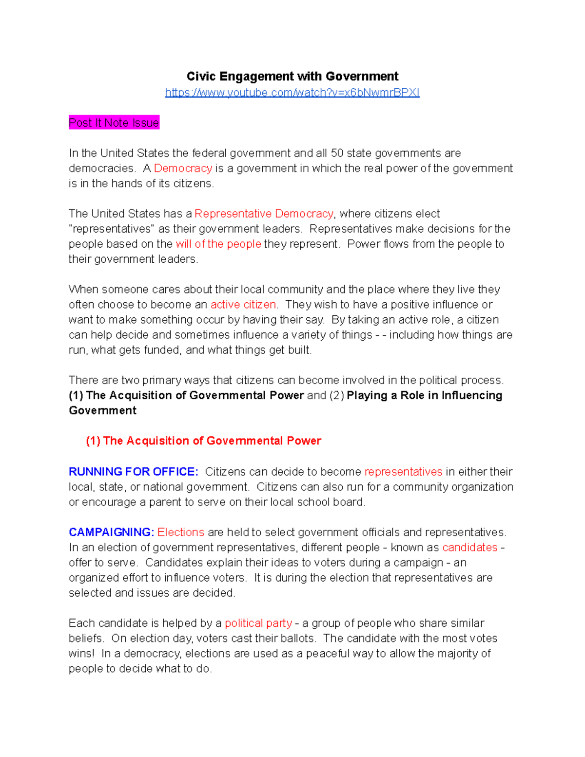 CS1 Civic Engagement with Government Notes and Activities - 14141266 ...