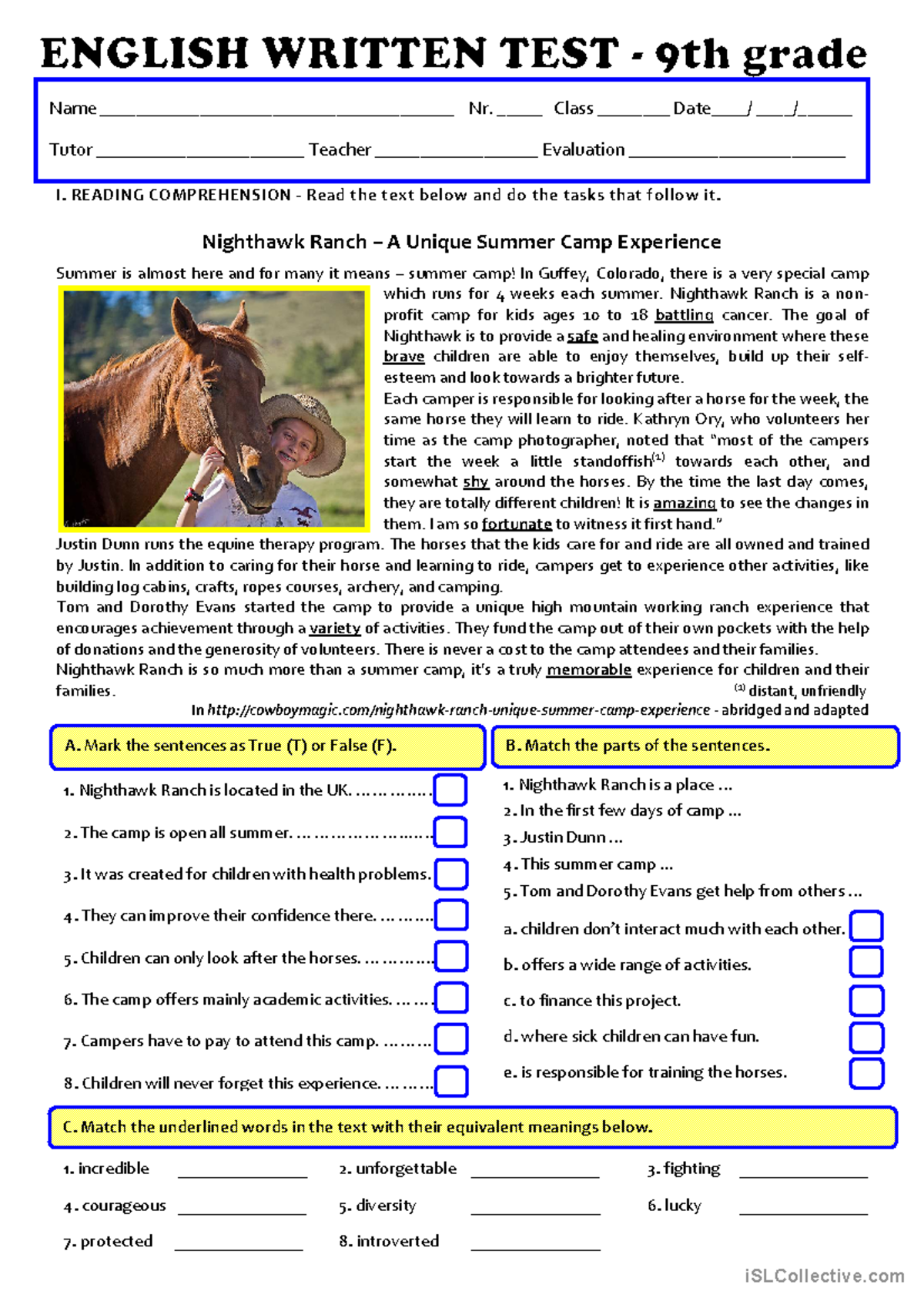 TEST (A2 B1) - Summer Camps - version B (special need students) - I ...
