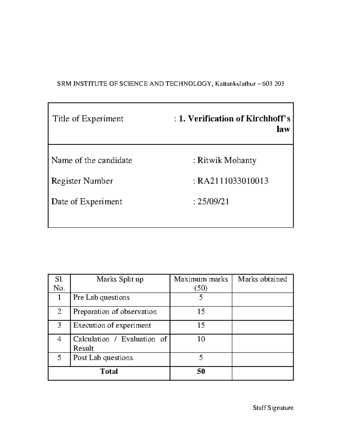 BEEE assignment - SRM INSTITUTE OF SCIENCE AND TECHNOLOGY ...