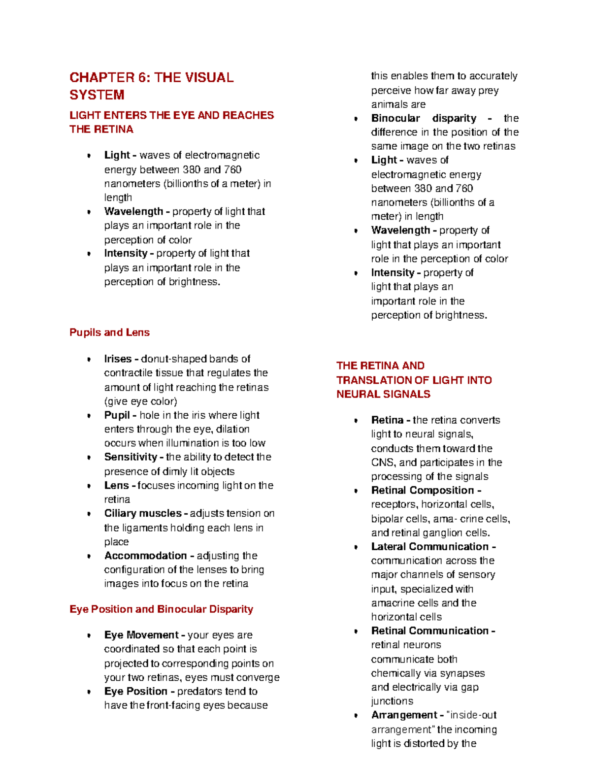 Biopsychology reviewer and expertise on biology - CHAPTER 6: THE VISUAL SYSTEM LIGHT ENTERS THE ...