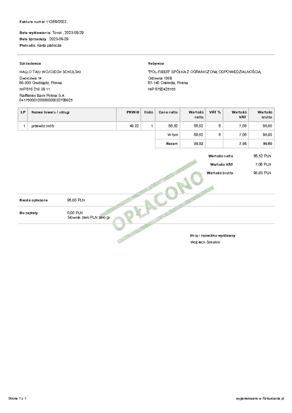 Faktura 112 09 2023 - Wartość netto 88,52 PLN Wartość VAT 7,08 PLN ...