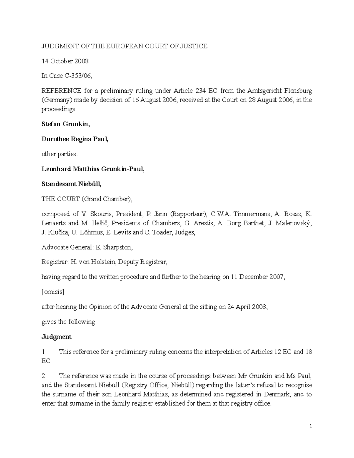 Grunkin-Paul ECJ Judgment - JUDGMENT OF THE EUROPEAN COURT OF JUSTICE ...