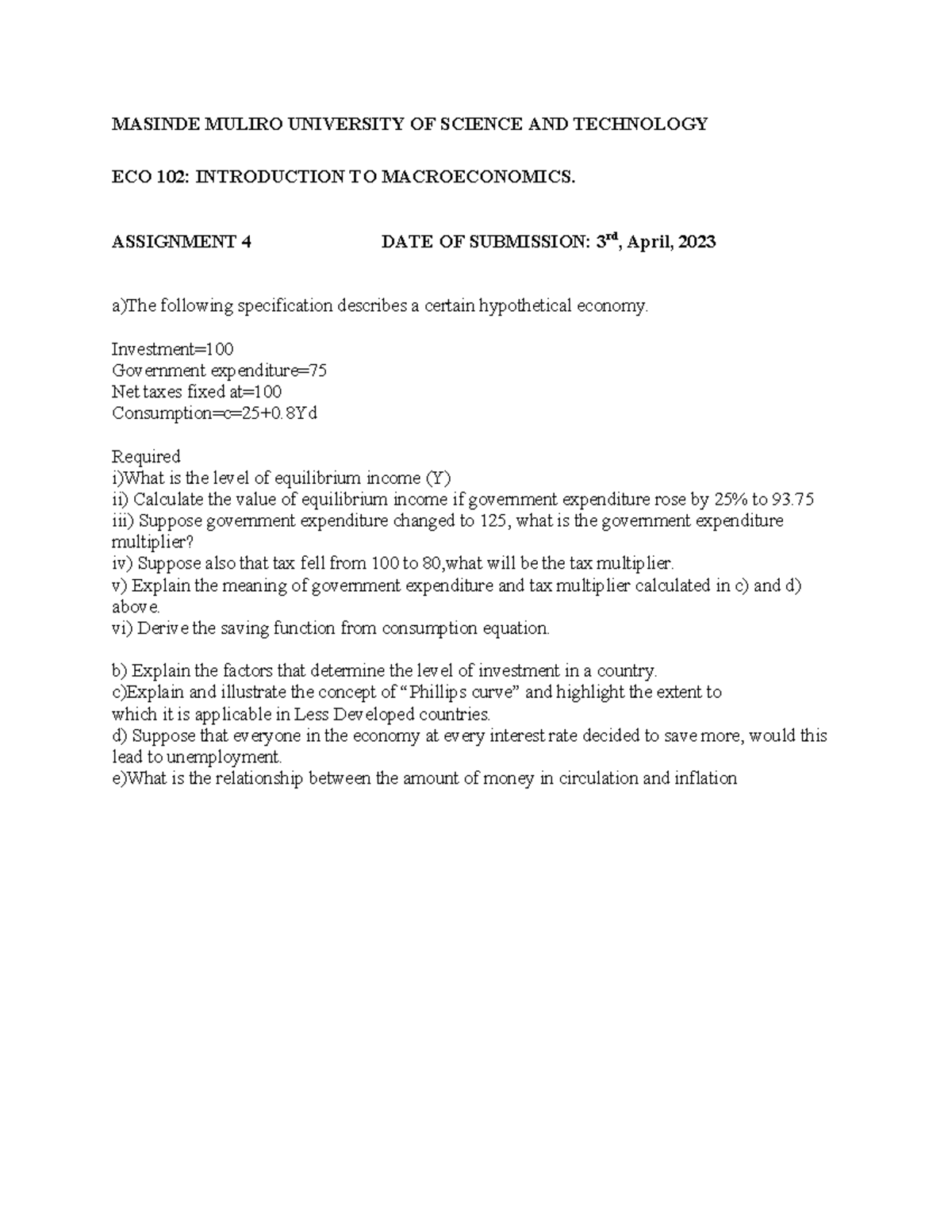 Eco 102 Assignment 4 Masinde Muliro University Of Science And