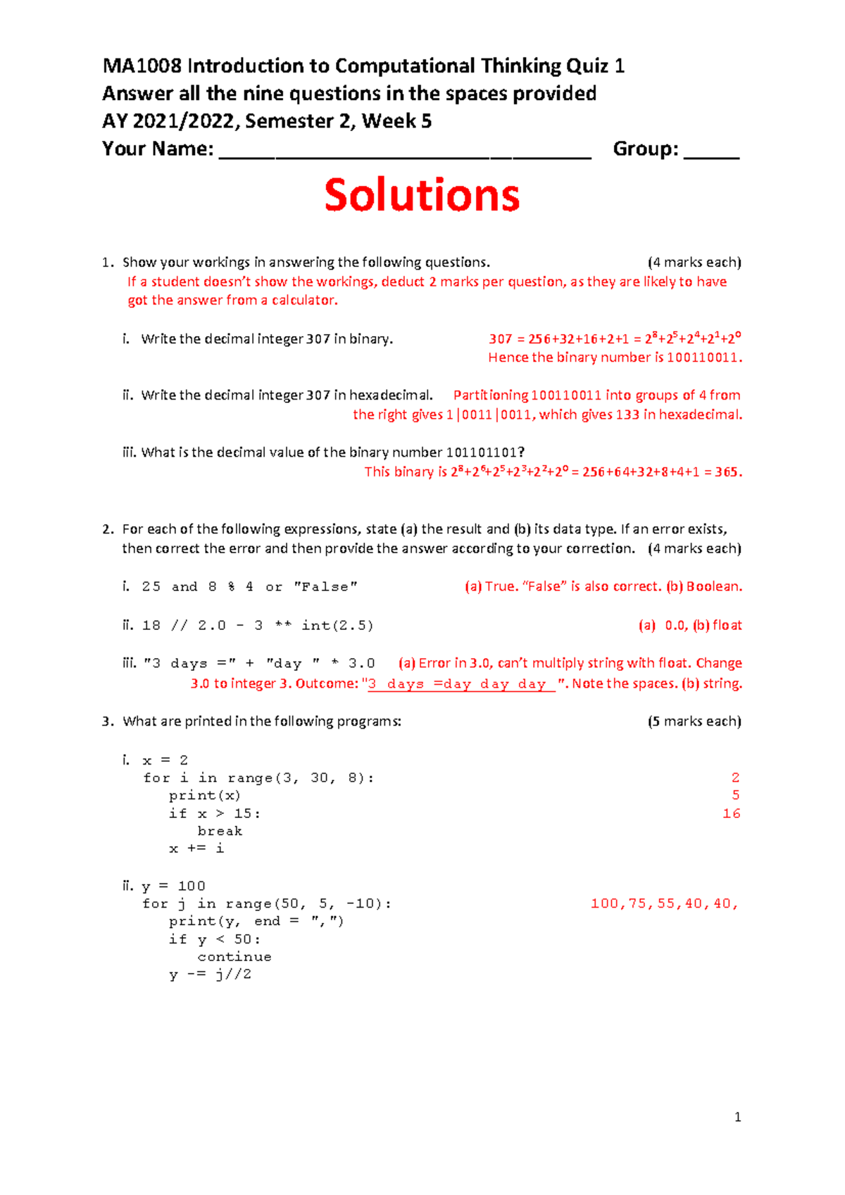 Sol python - PAST YEAR PAPER SOLUTION - MA1008 Introduction to Computational Thinking Quiz 1 ...