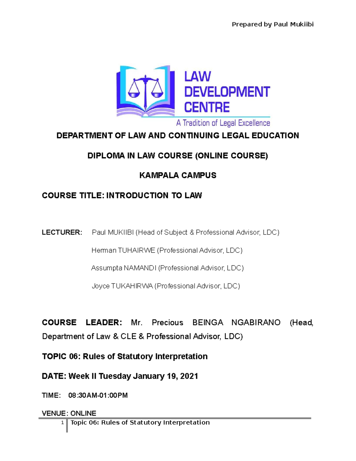 Topic 06 Rules of Statutory Interpretation 2021 - DEPARTMENT OF LAW AND ...