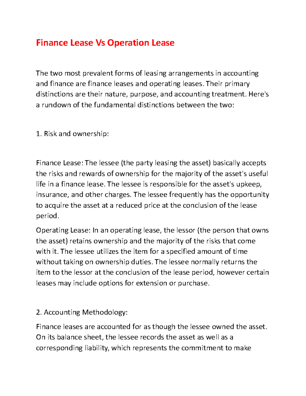 Finance Lease Vs Operation Lease - Their primary distinctions are their ...