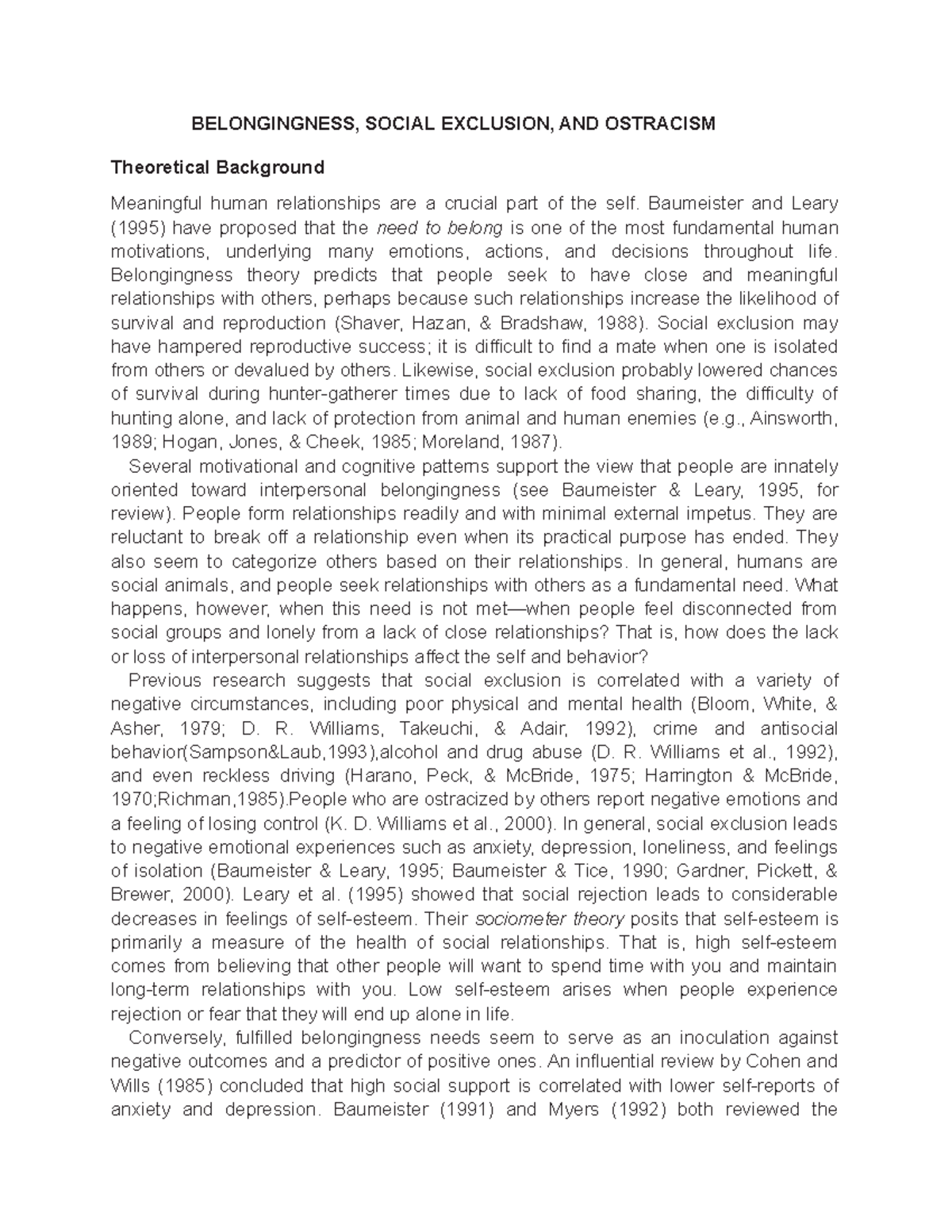 The Social Self - BELONGINGNESS, SOCIAL EXCLUSION, AND OSTRACISM ...
