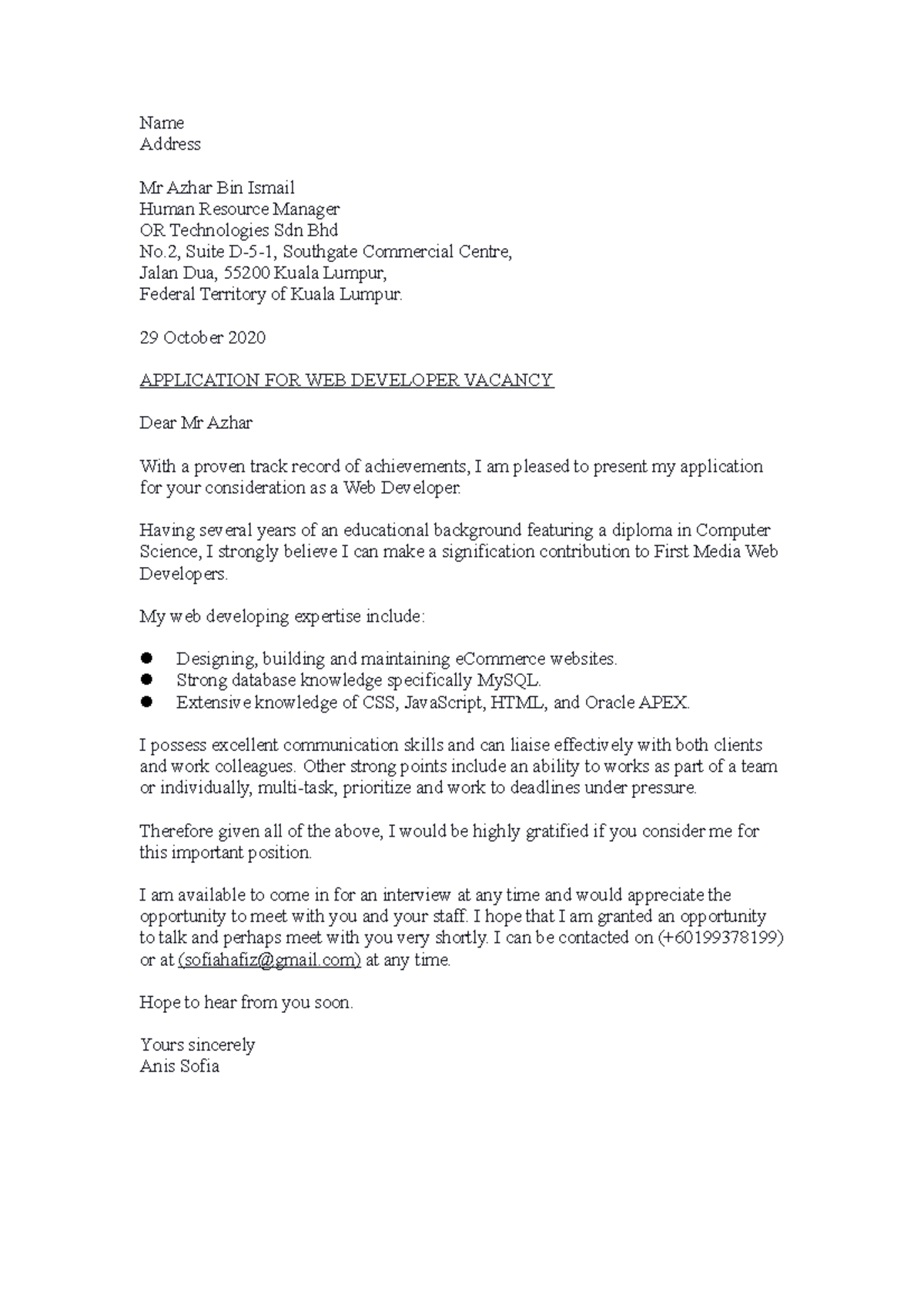 Cover letter example - Name Address Mr Azhar Bin Ismail Human Resource ...