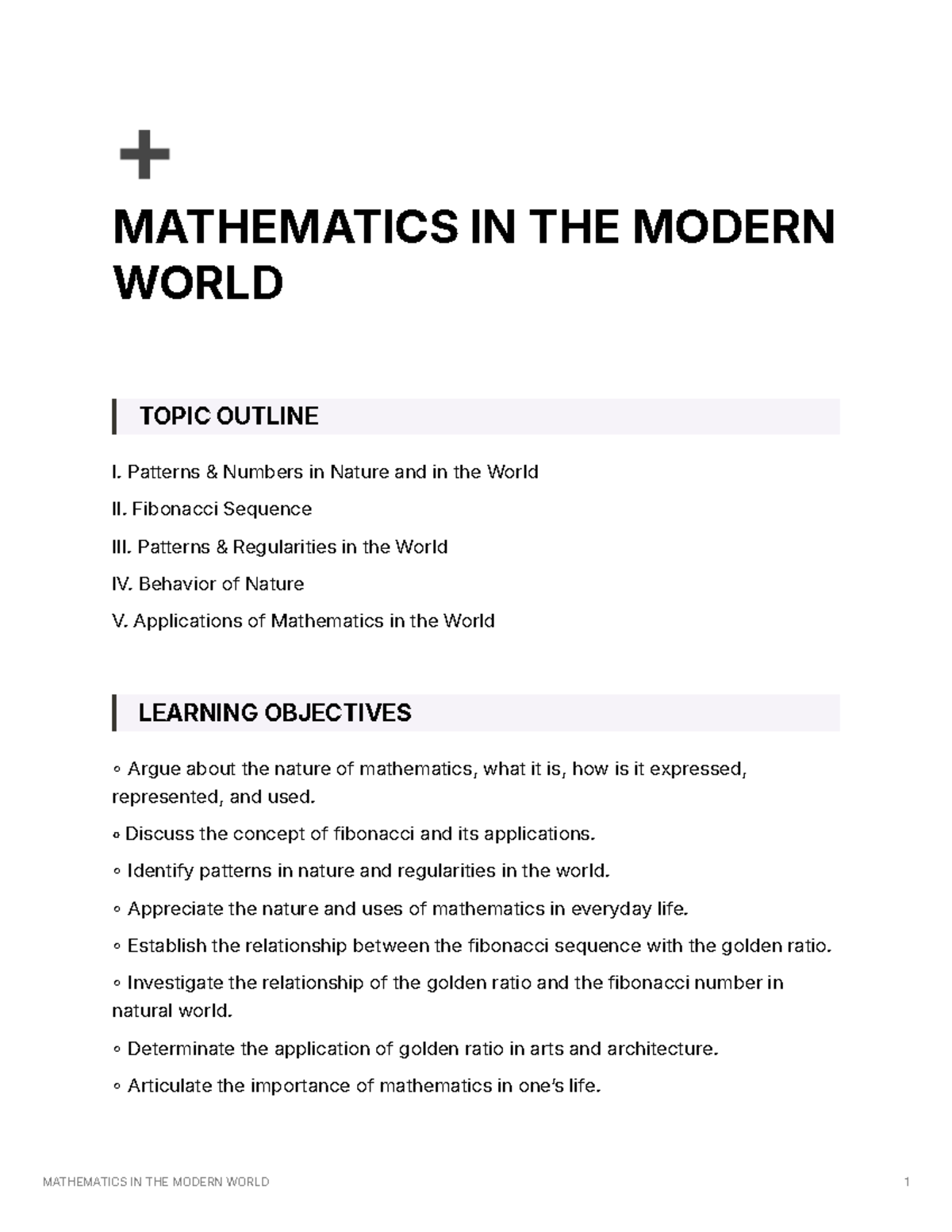 Math in modernworld - MATHEMATICS IN THE MODERN WORLD TOPIC OUTLINE I ...