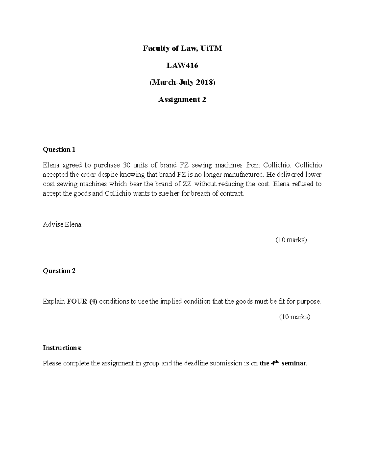 Assignment 2 March 2018 - Faculty of Law, UiTM LAW (March-July 2018 ...