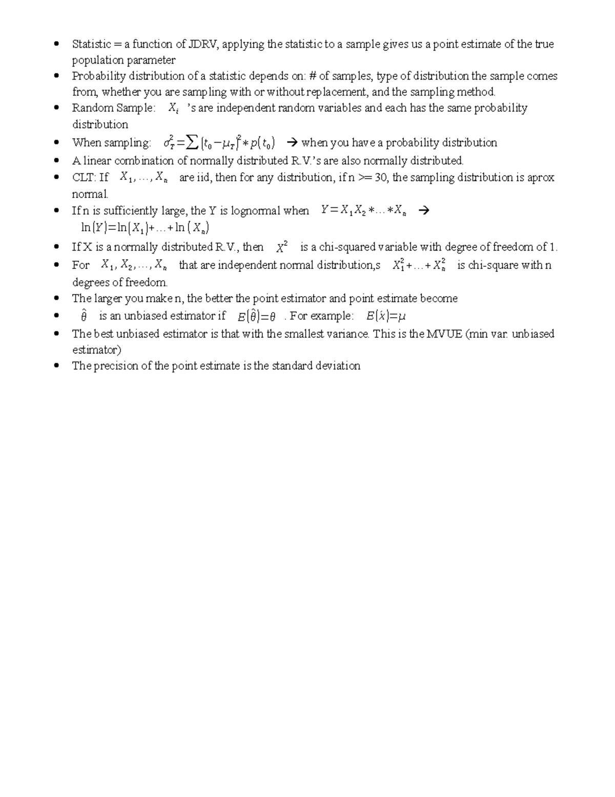 Midterm 3 Cheat Sheet - Statistic = a function of JDRV, applying the ...