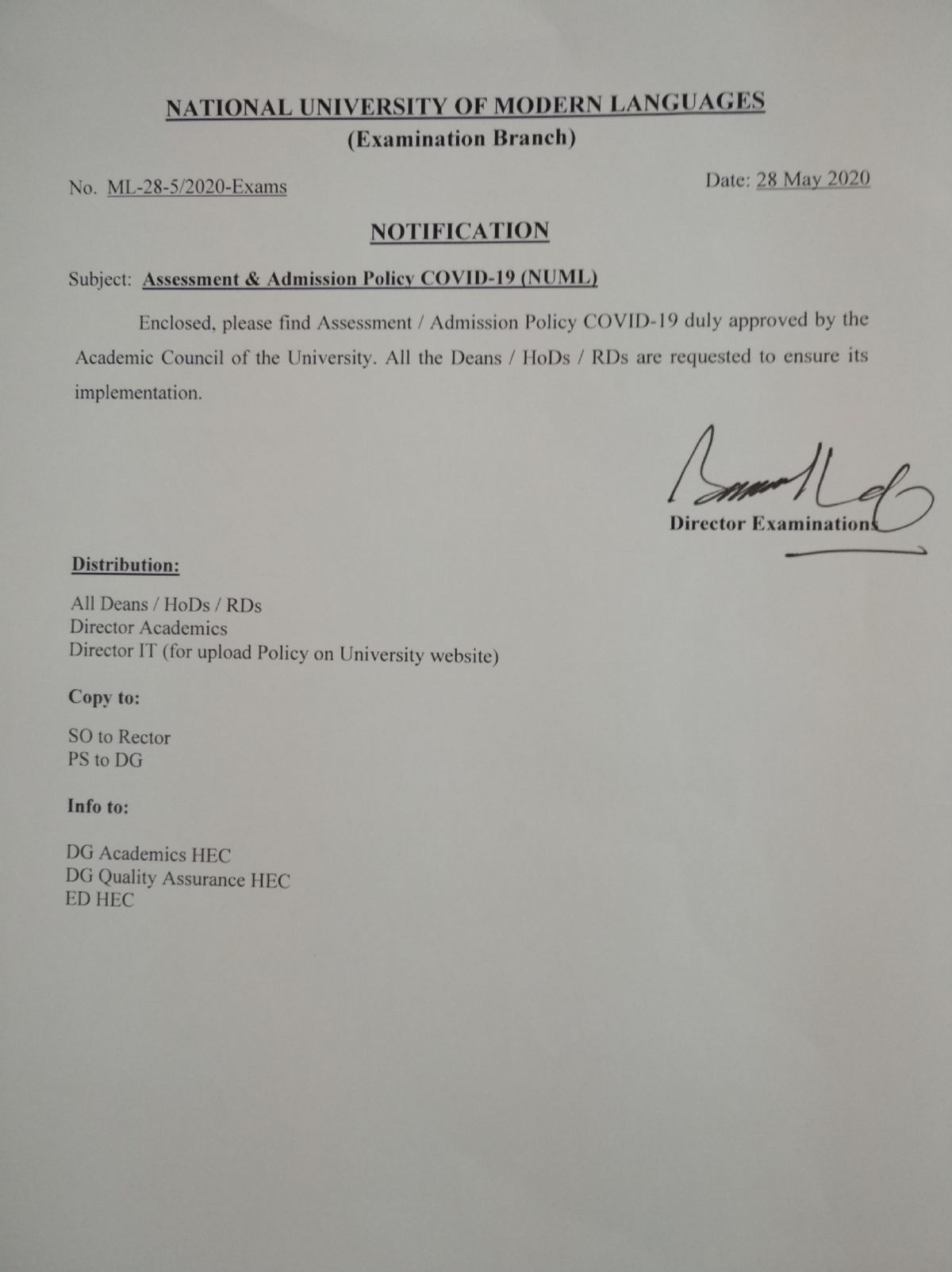 NUML Assessment-Exam and Admission Policy Covid-19 - NUML ONLINE ...