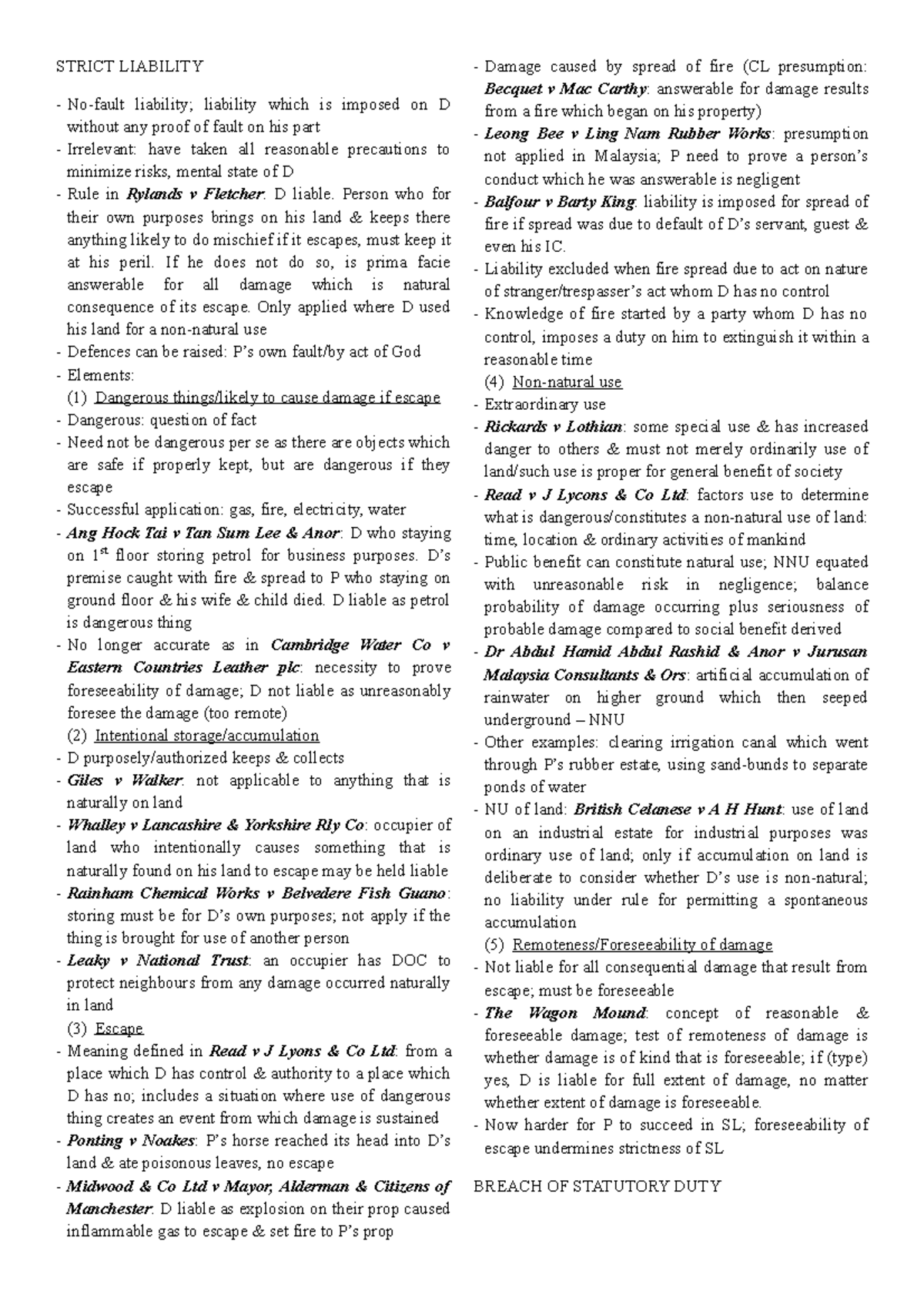 Torts notes - STRICT LIABILITY No-fault liability; liability which is ...