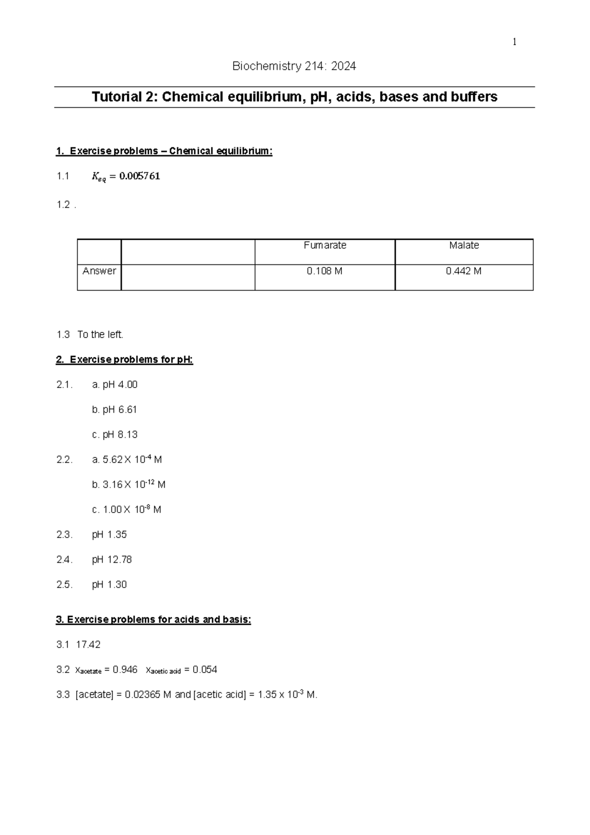 Answers - 1 Biochemistry 214: 2024 Tutorial 2: Chemical equilibrium, pH, acids, bases and ...