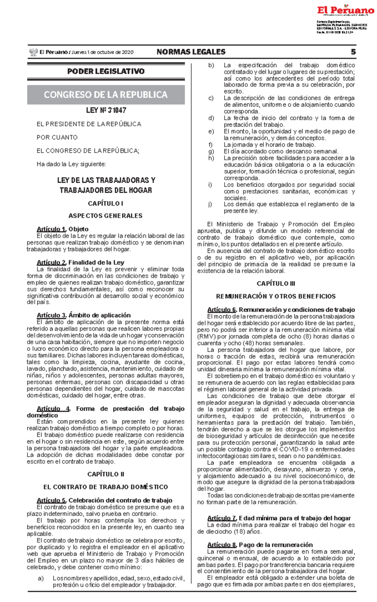 Ley No. 31047 Perú - El Peruano /Jueves 1 de octubre de 2020 NORMAS LEGALES 5 PODER LEGISLATIVO ...