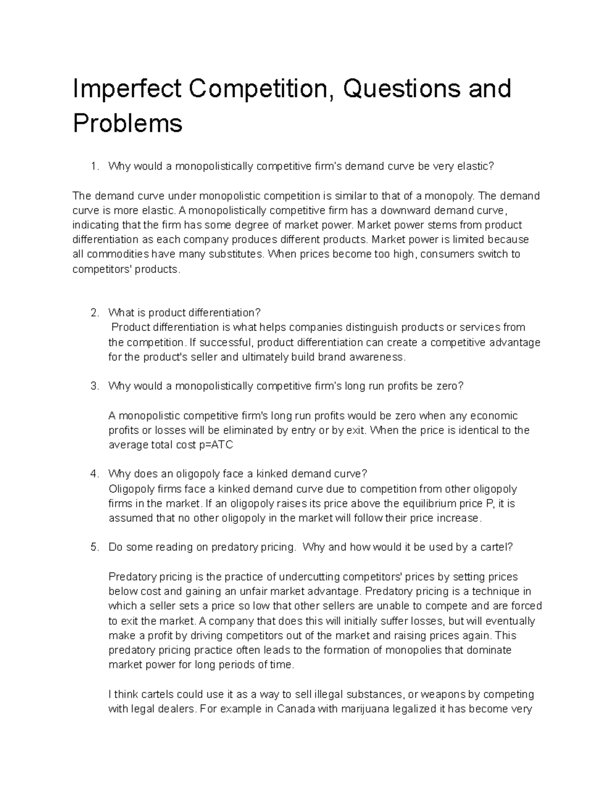 Imperfect Competition, Questions and Problems - Imperfect Competition ...