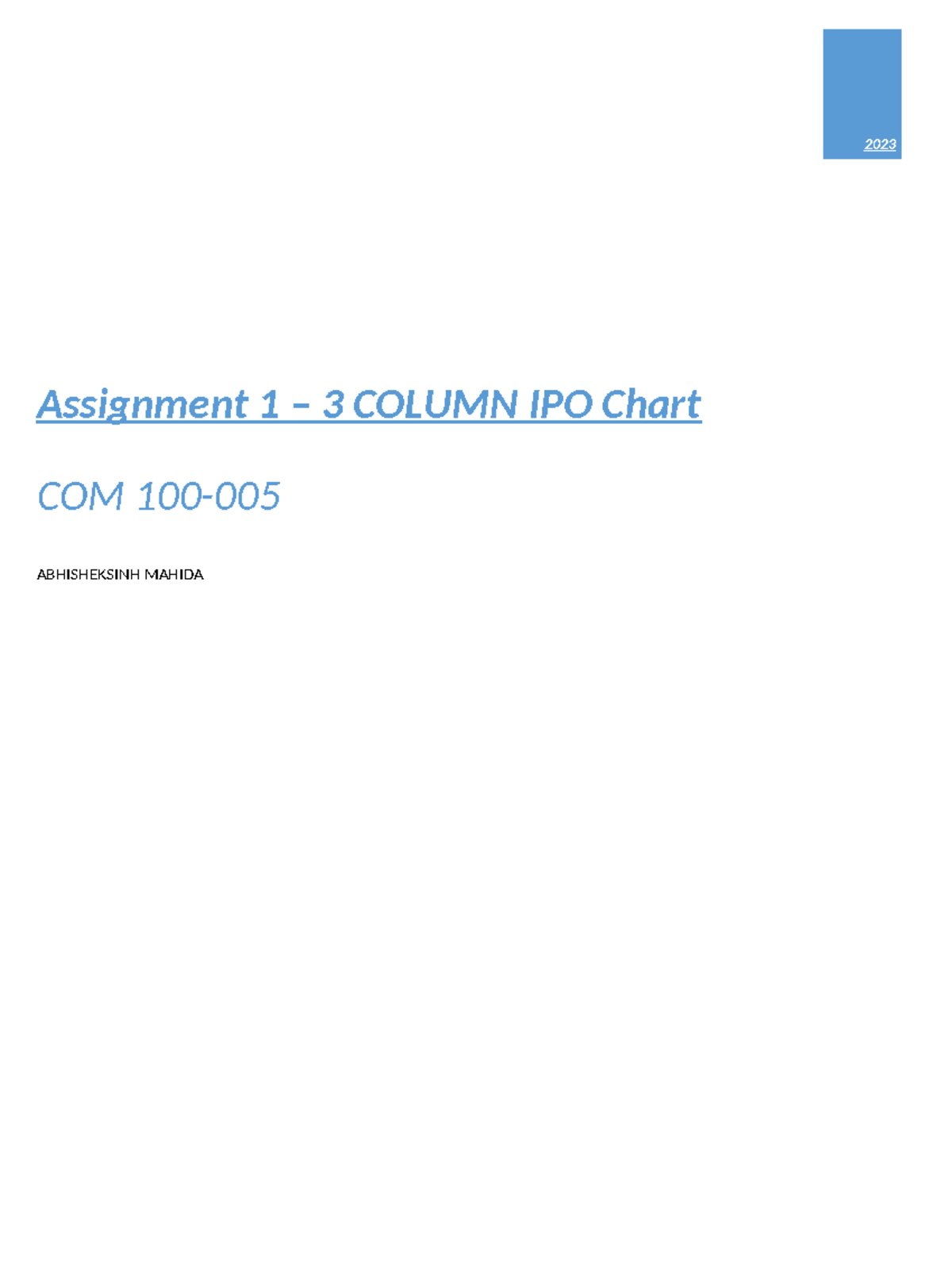Assignment-1 - IMP - 2023 Assignment 1 – 3 COLUMN IPO Chart COM 100 ...