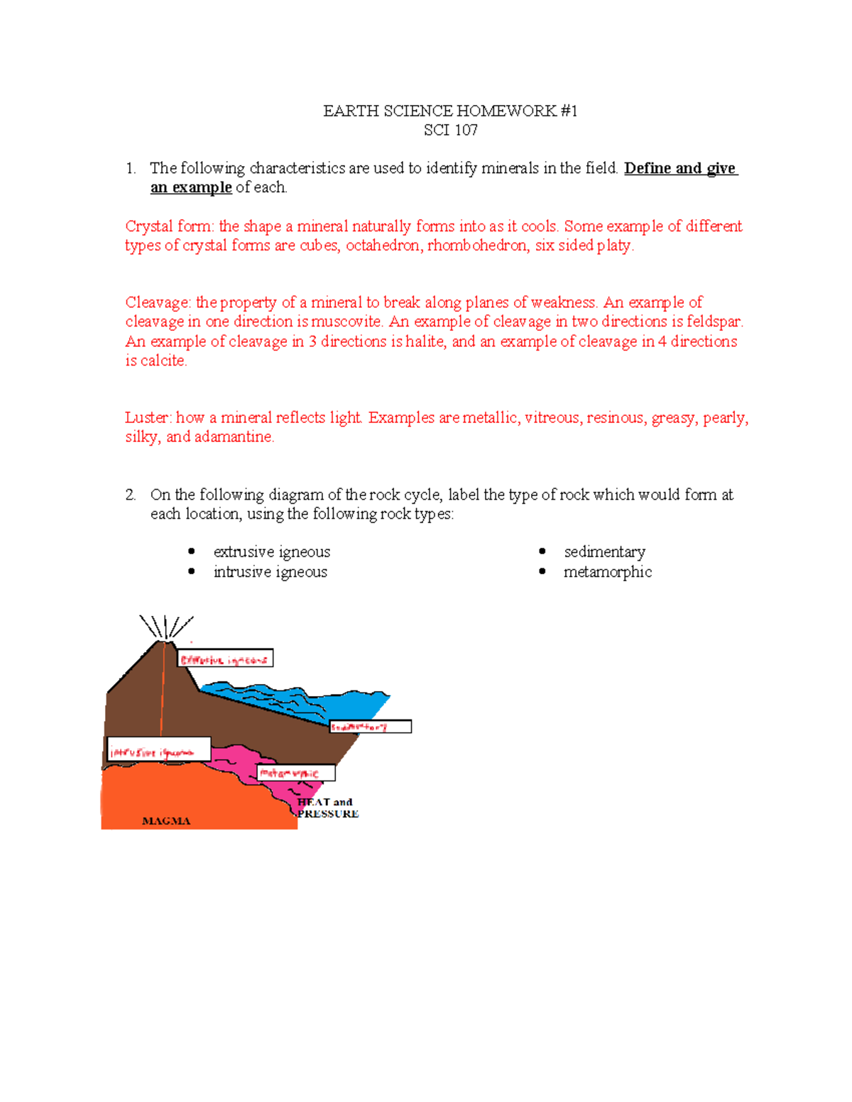 Earth Sci 1 Rocks and Minerals - EARTH SCIENCE HOMEWORK SCI 107 The ...