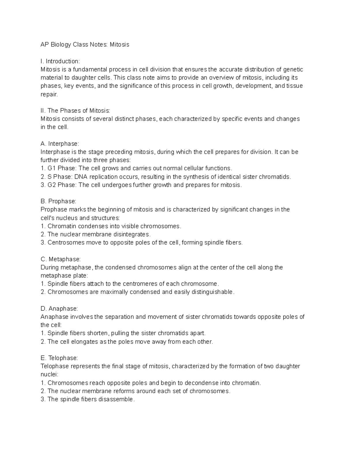 AP Biology Class Notes Mitosis - Introduction: Mitosis is a fundamental ...