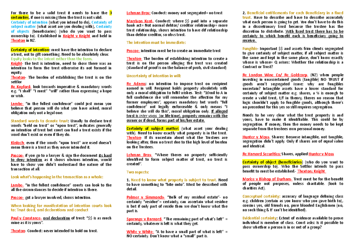 Trusts exam cheat notes - For there to be a valid trust it needs to ...
