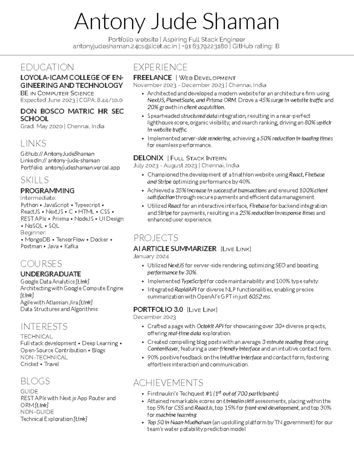 Resume - Antony Jude Shaman Portfolio website | Aspiring Full Stack ...