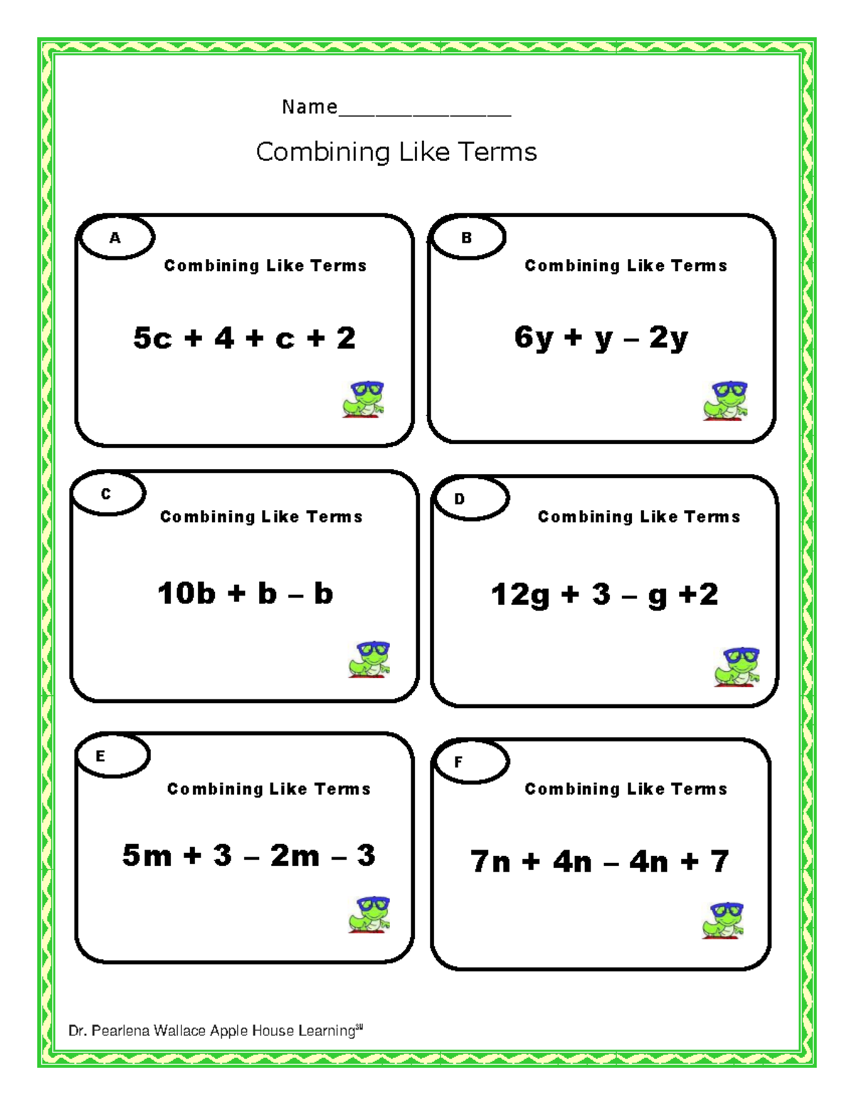 - Freecombine Like Terms Worksheets Algebra-1 - 5c + 4 + c + 2 6y + y ...