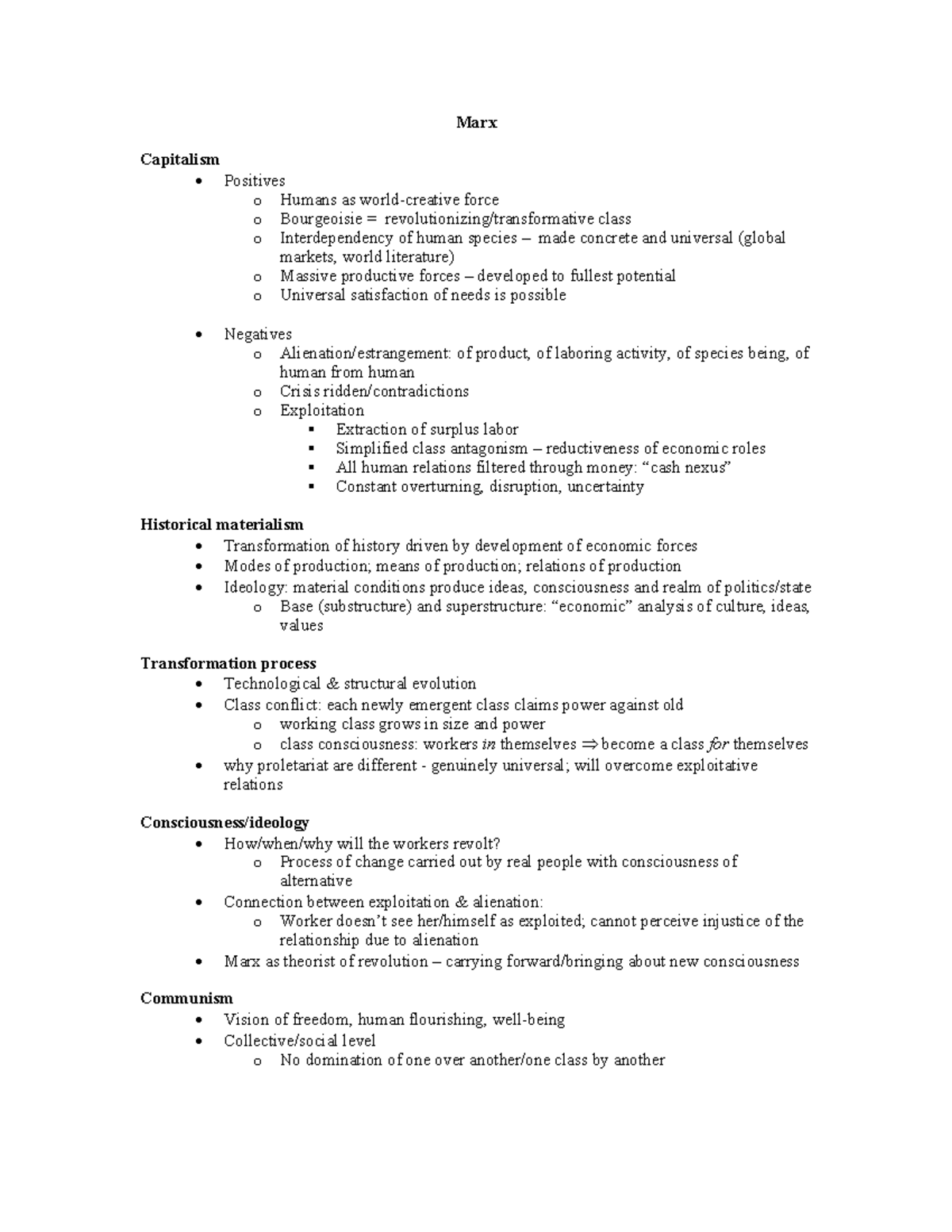 Marx.outline - Lecture notes Week 6-7 - Marx Capitalism Positives o ...