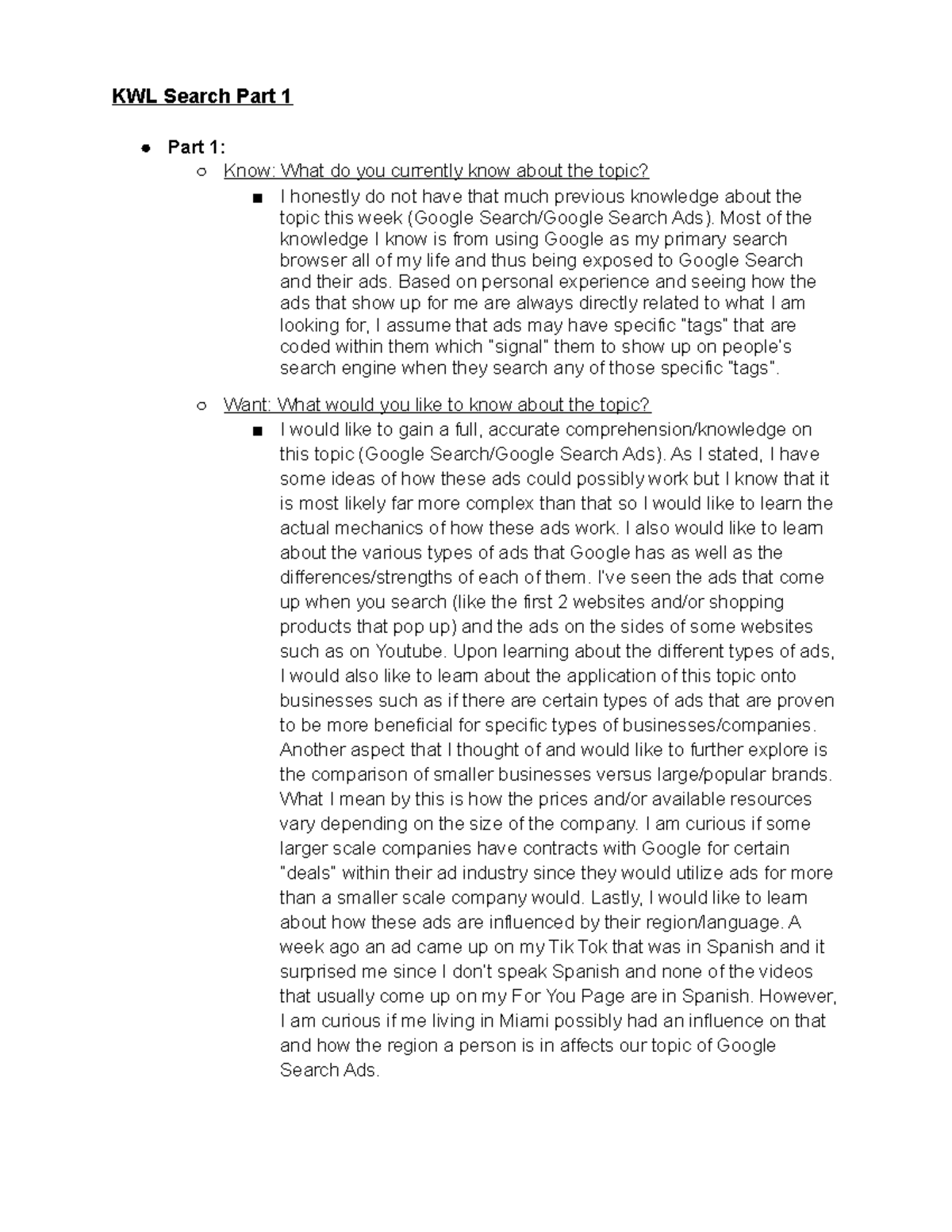 KWL Search Part 1 - KWL discussion - KWL Search Part 1 Part 1: Know ...