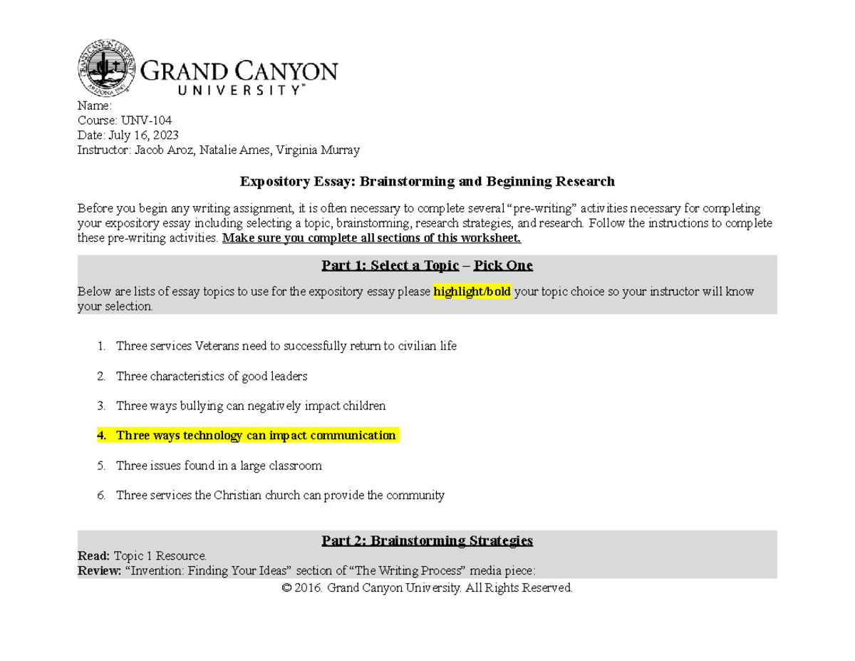 UNV-104-RS-T1-Brainstorming research assignment - Name: Course: UNV- Date: July 16, 2023 ...