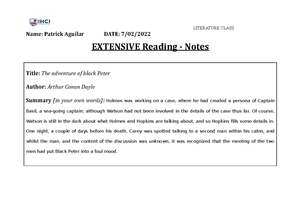 Diagram Extensive Reading - LITERATURE CLASS Name: Patrick Aguilar DATE ...