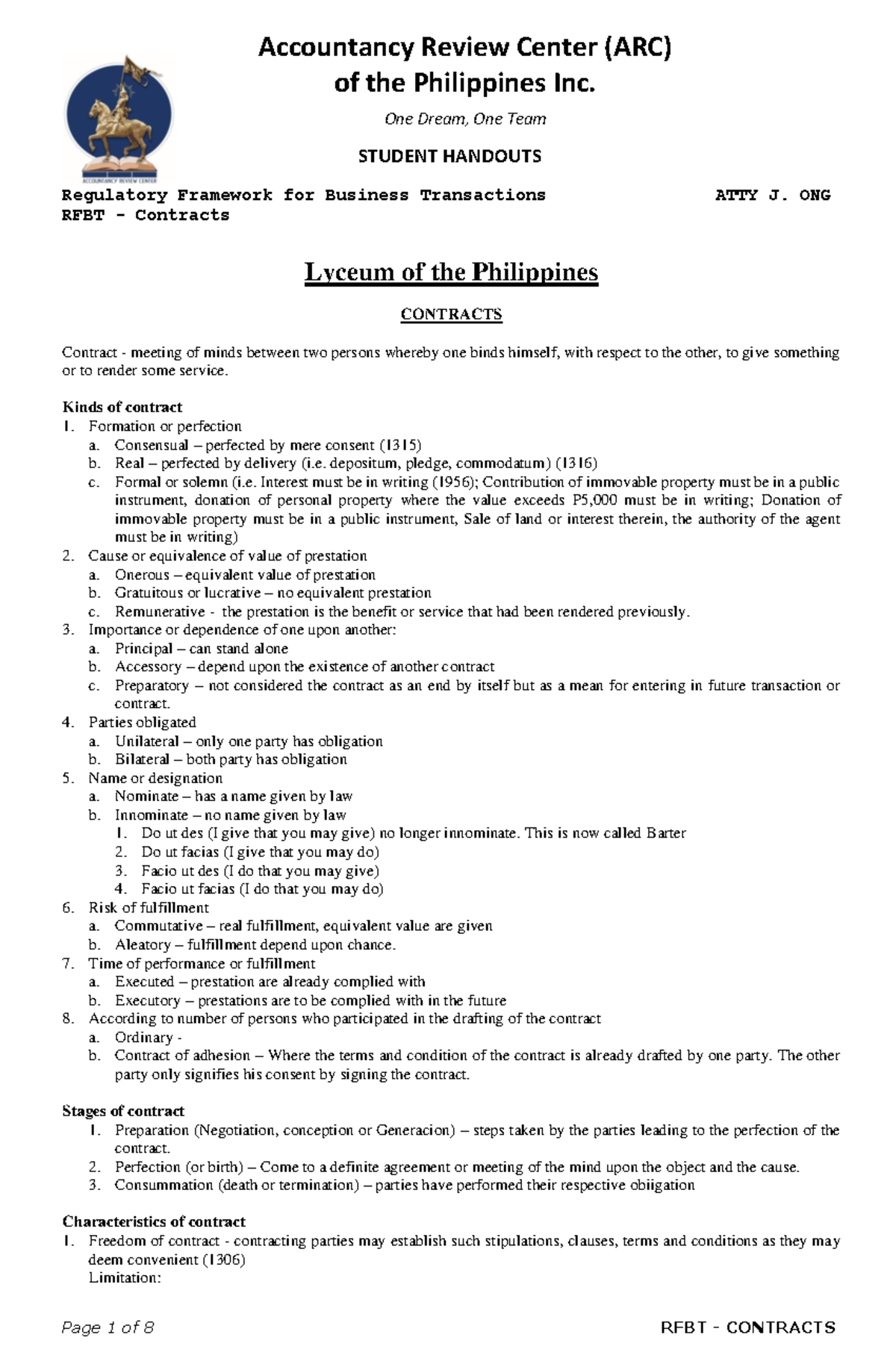 Contracts notes Oct 2020 - Reg ulatory Fra mework for Business ...