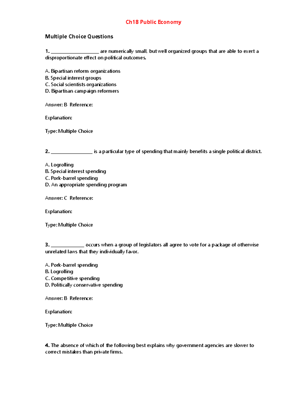 Ch18 Public Economy - Ch18 Public Economy Multiple Choice Questions _______________________ are ...