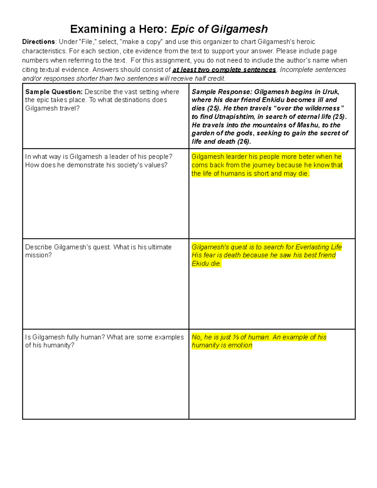 Copy of Examining a Hero in the Epic of Gilgamesh - Examining a Hero ...