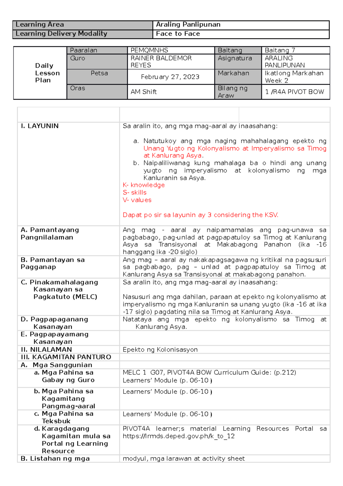Edited DLP Week2Modyul 1 AP - Learning Area Araling Panlipunan Learning Delivery Modality Face ...
