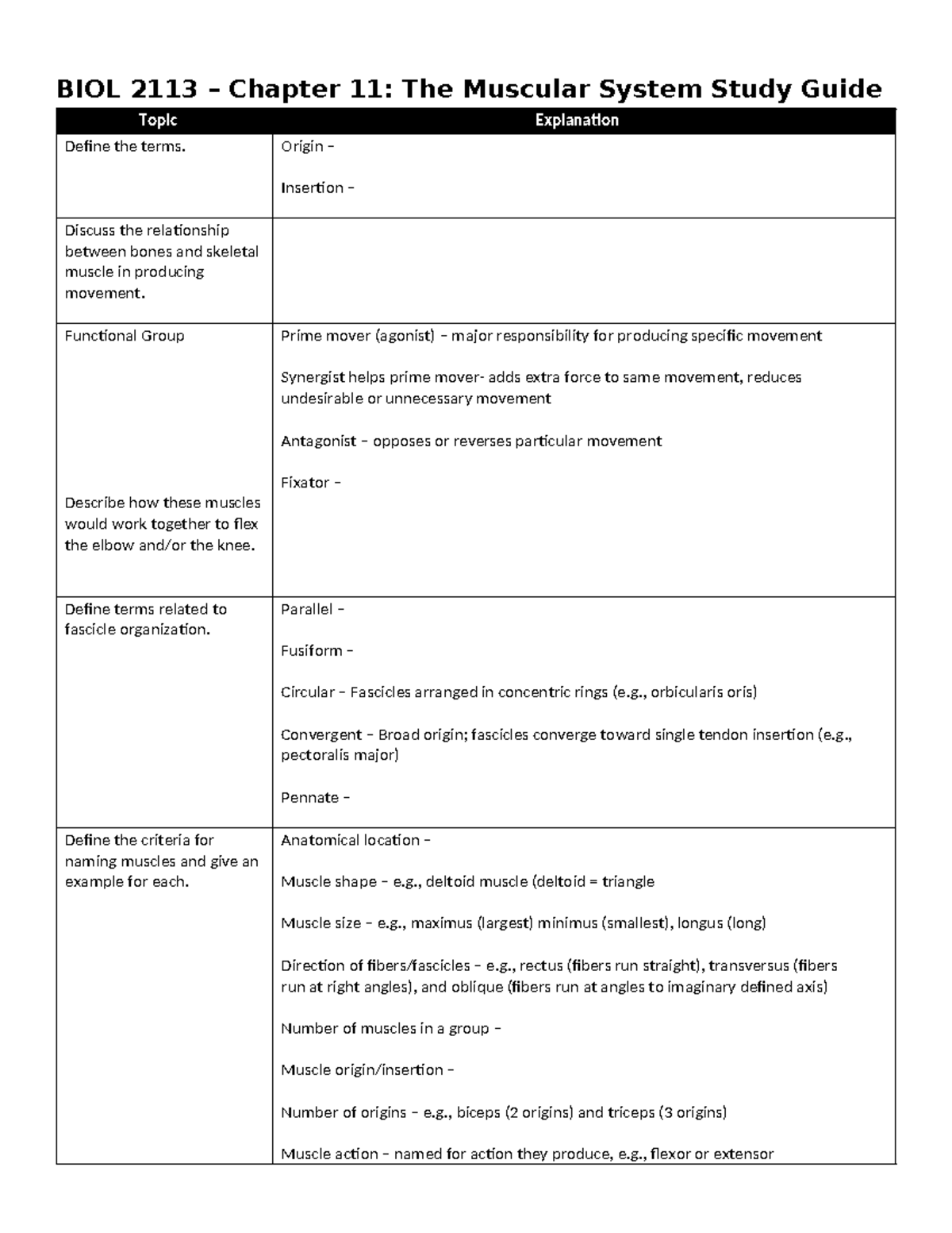 BIOL 2113 Ch11 Study Notes(1) - BIOL 2113 – Chapter 11: The Muscular ...