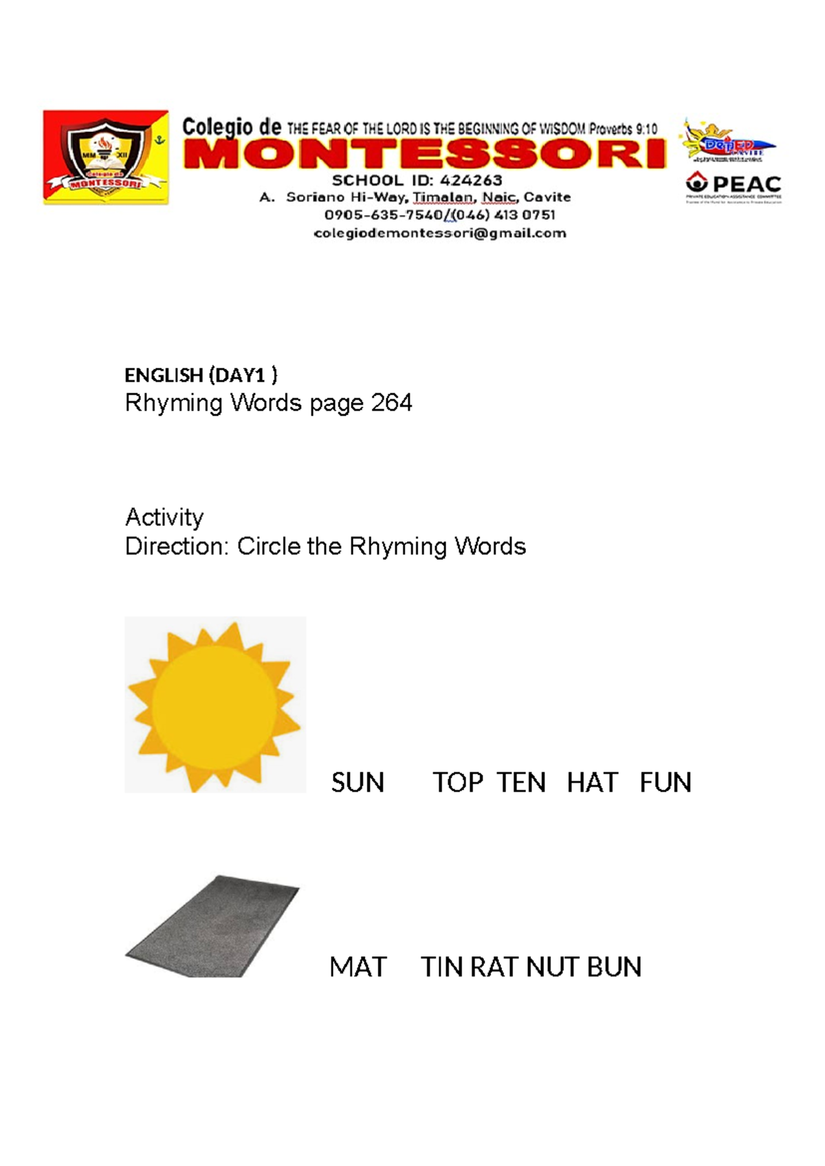 DAY-1- Activities - ENGLISH (DAY1 ) Rhyming Words page 264 Activity ...