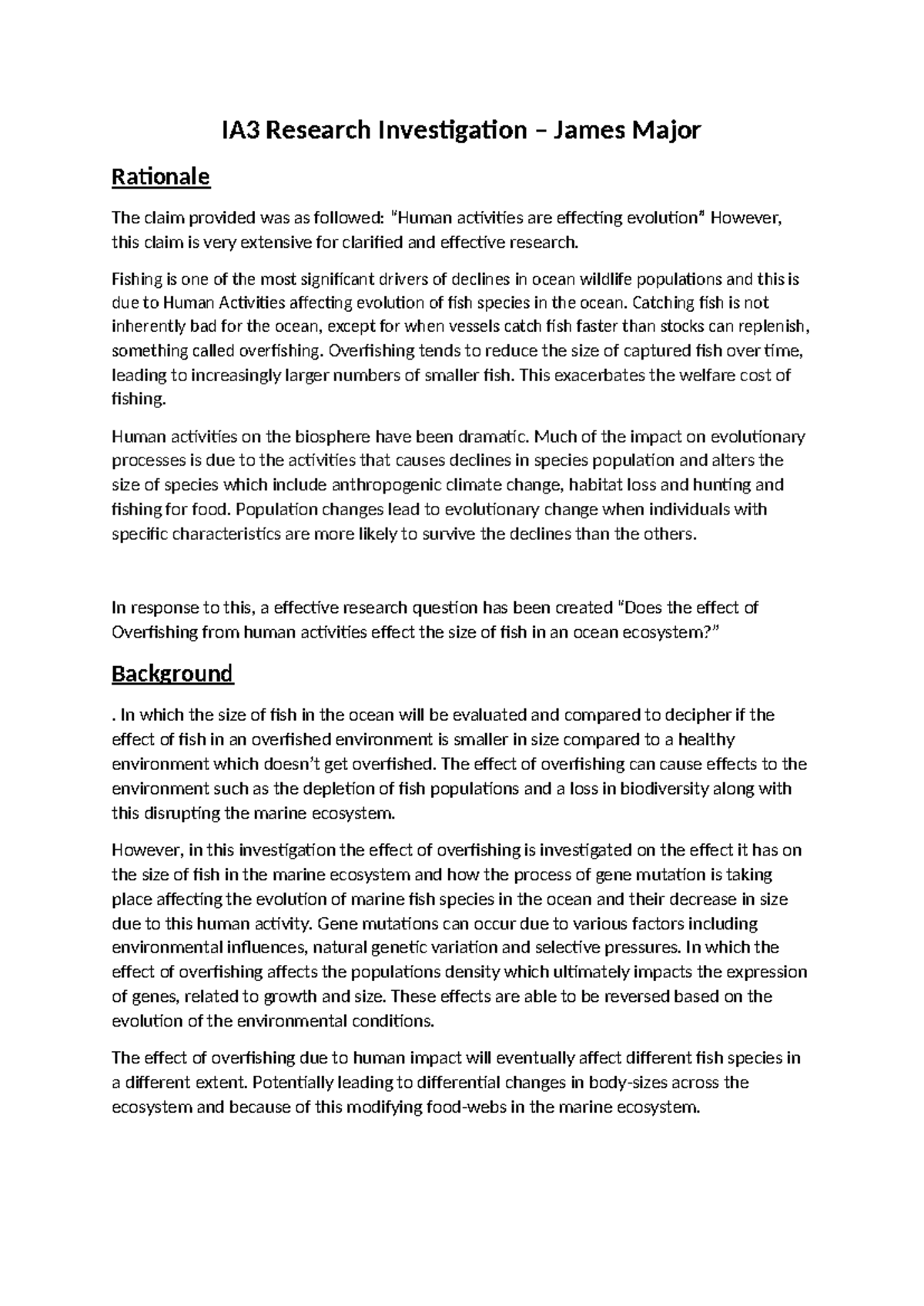 IA3 Research Investigation - Fishing is one of the most significant ...