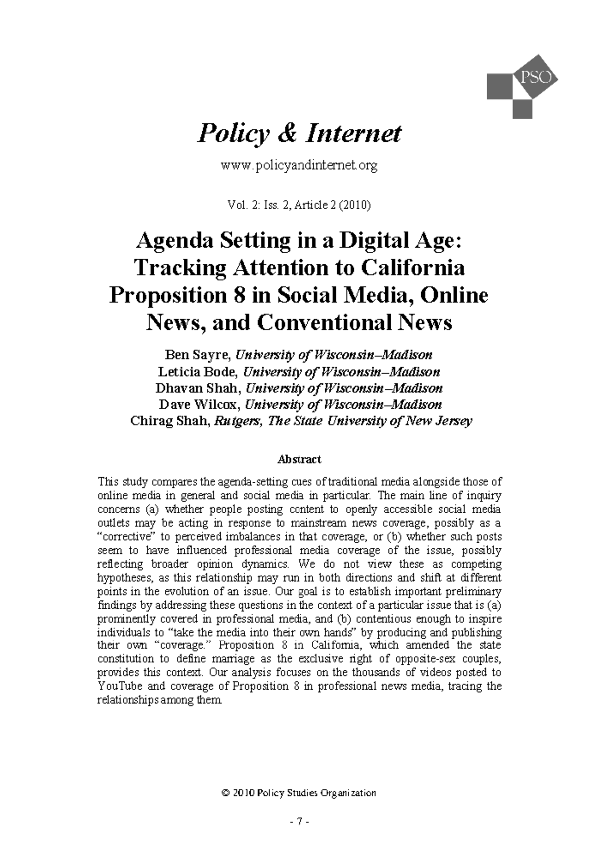 Agenda setting - Lecture - Policy & Internet policyandinternet Vol. 2: Iss. 2, Article 2 (2010 ...