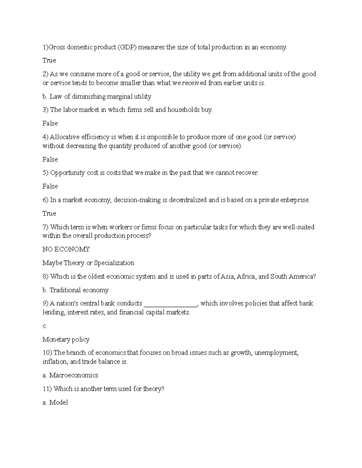 Self Quiz Unit 1 Microeconomics - 1)Gross domestic product (GDP ...